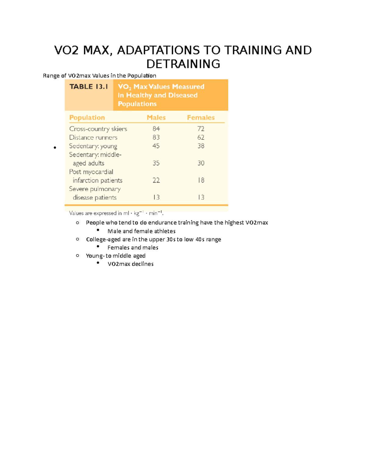 VO2 MAX, ADAPTATIONS TO TRAINING AND DETRAINING - VO2 MAX, ADAPTATIONS TO TRAINING AND ...