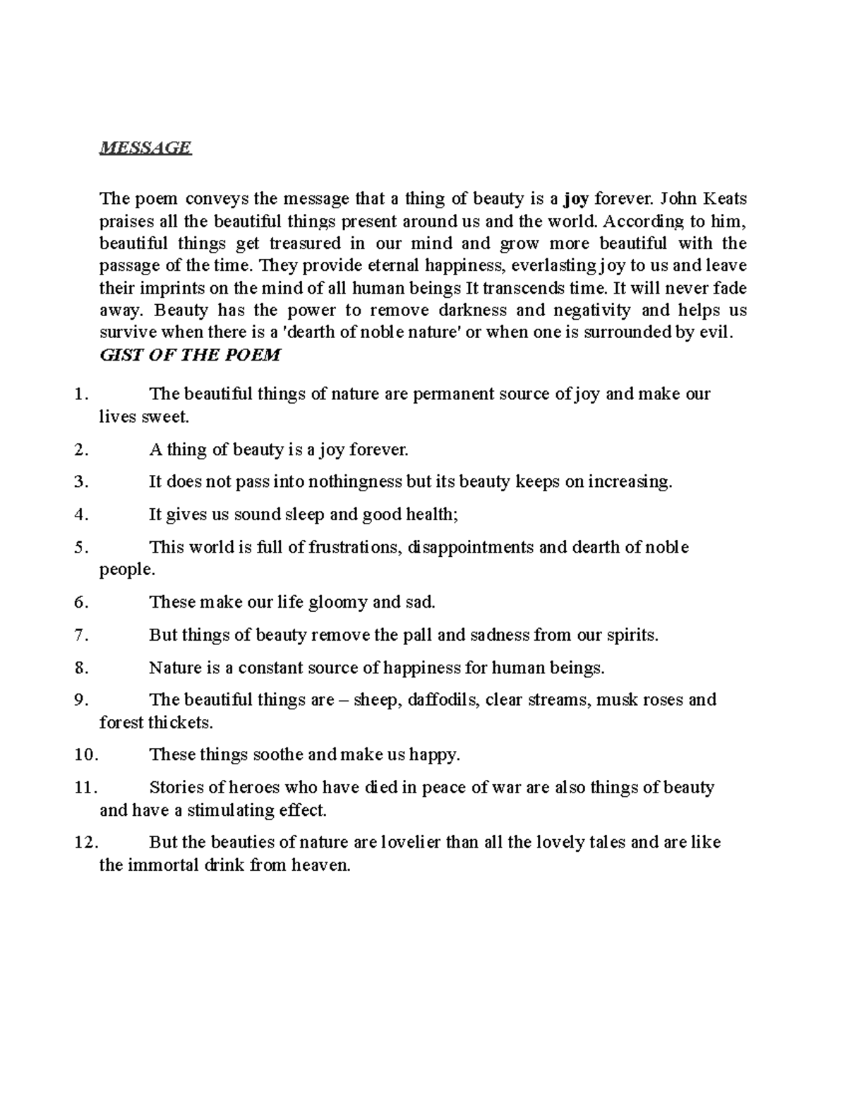 A thing of beauty Notes - course work - MESSAGE The poem conveys the ...