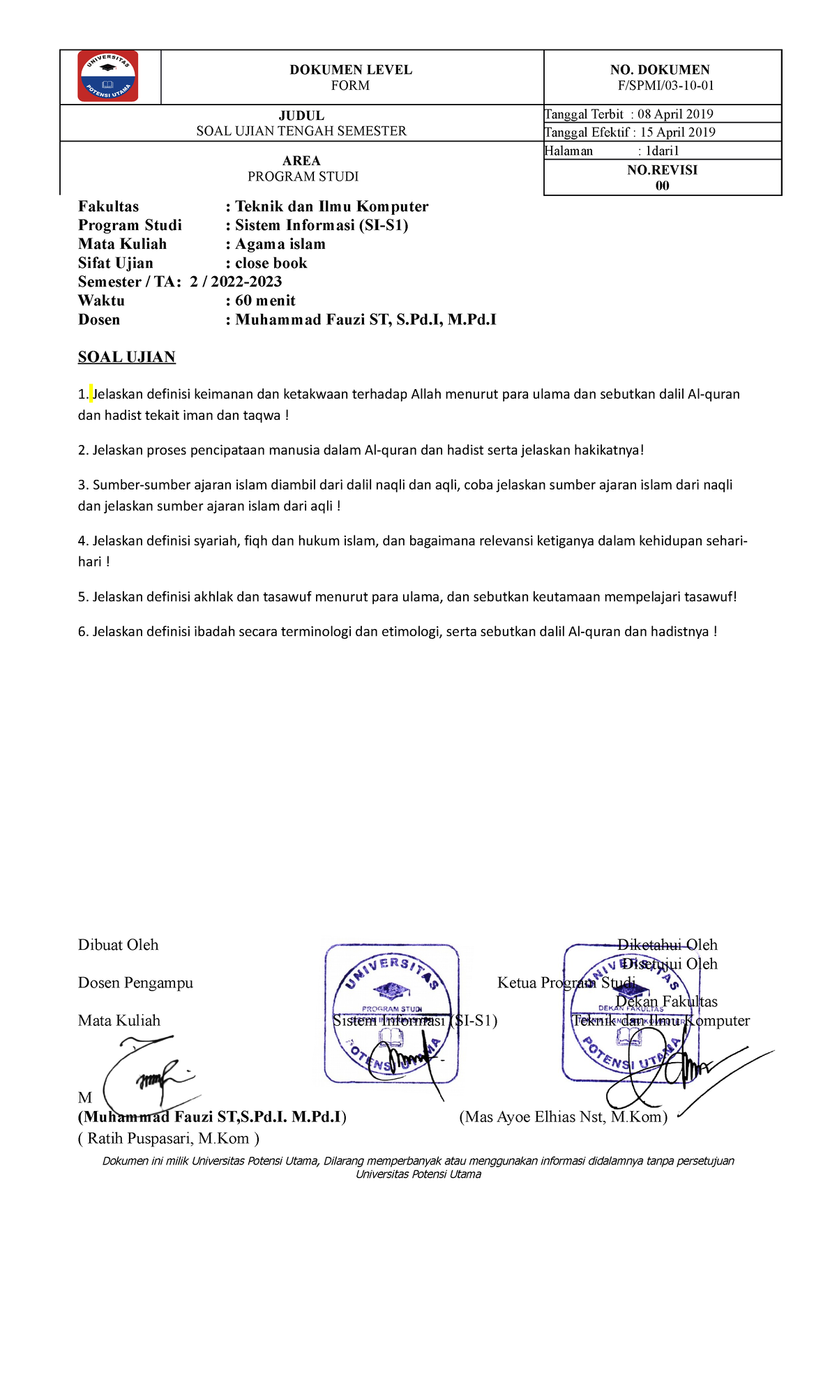 UTS SI - n nmj - DOKUMEN LEVEL FORM NO. DOKUMEN F/SPMI/03-10- JUDUL ...