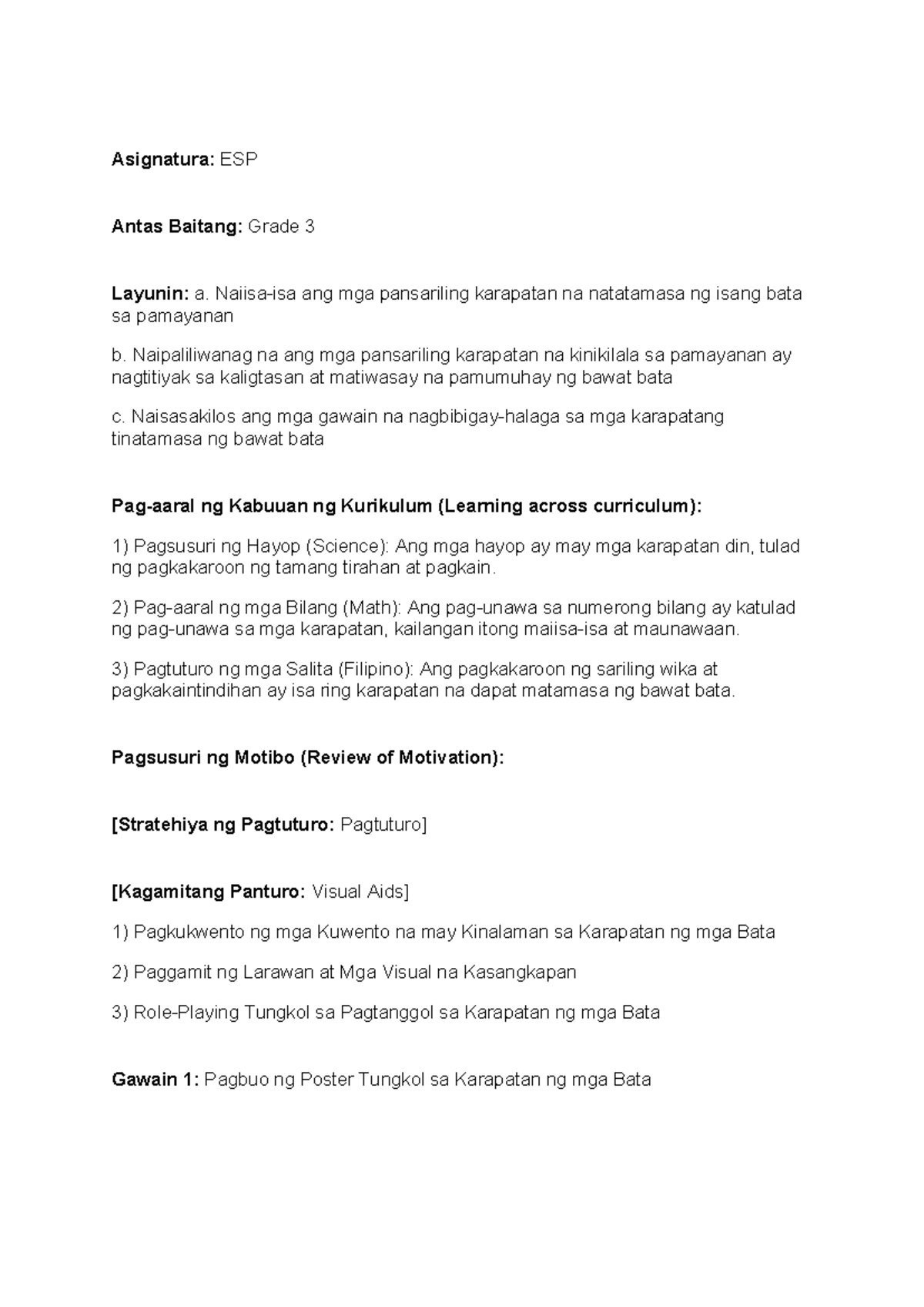 Lesson plan - Asignatura: ESP Antas Baitang: Grade 3 Layunin: a. Naiisa-isa ang mga pansariling ...