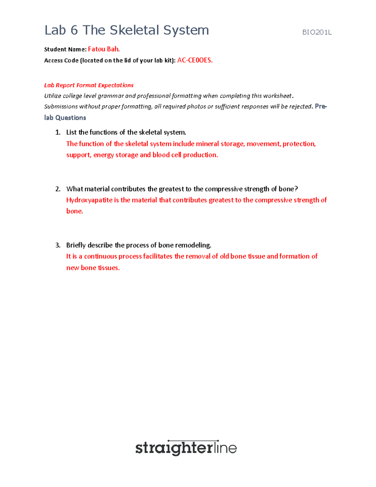 BIO201 Lab 6 - I want science - Student Name: Fatou Bah. Access Code ...