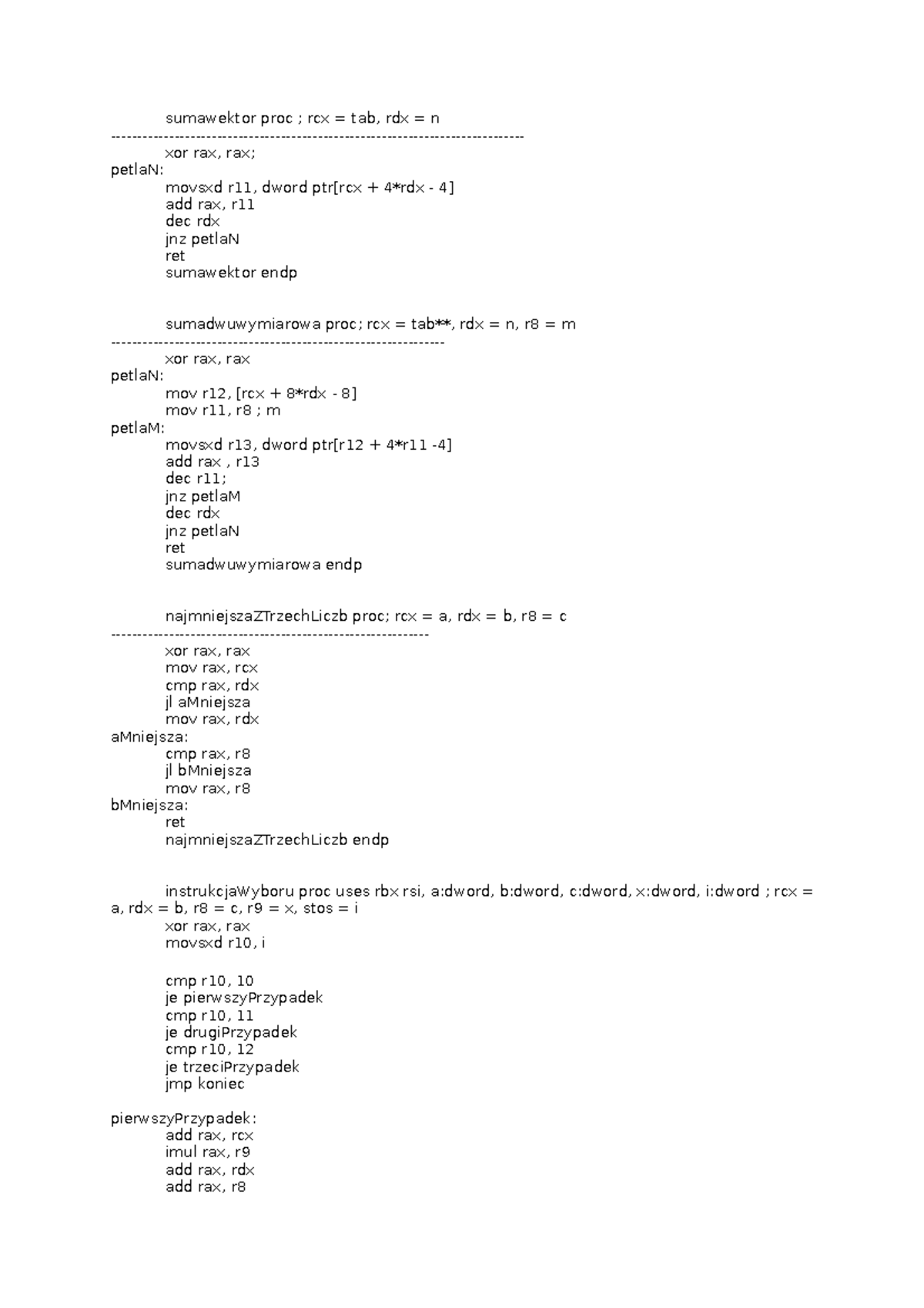 Programy - rozwiązania z laboratorium - sumawektor proc ; rcx = tab ...