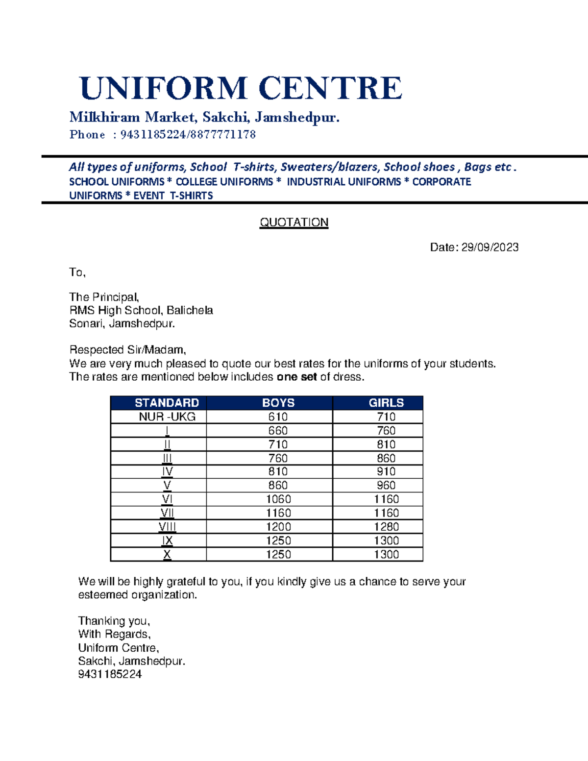 RMS Quotation - Copy - hhh - UNIFORM CENTRE Milkhiram Market, Sakchi ...