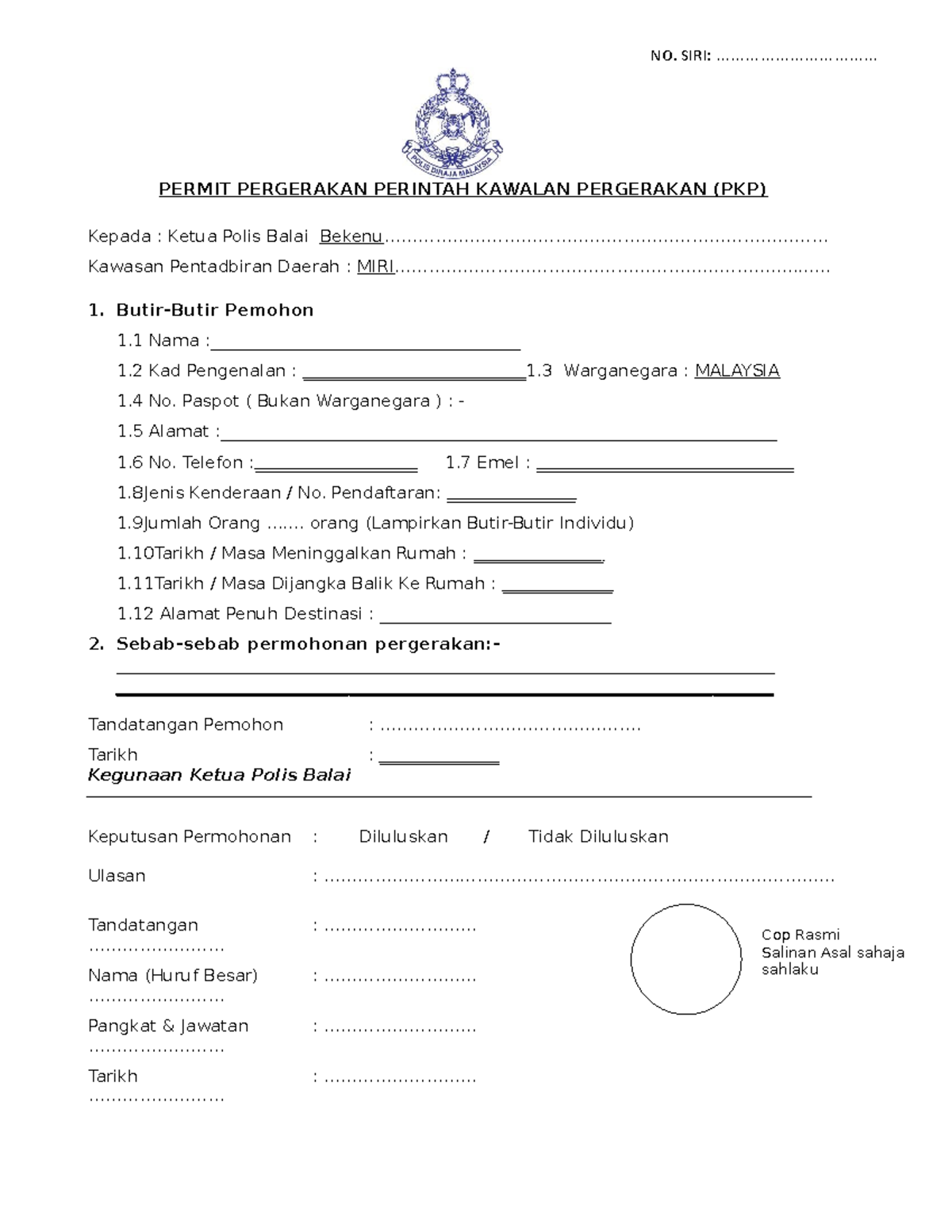 Borang Pergerakan PKP - NO. SIRI ...