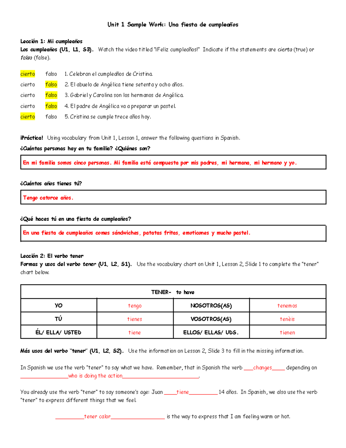 Unit 1 Sample Work Una fiesta de cumpleaños - Unit 1 Sample Work: Una ...