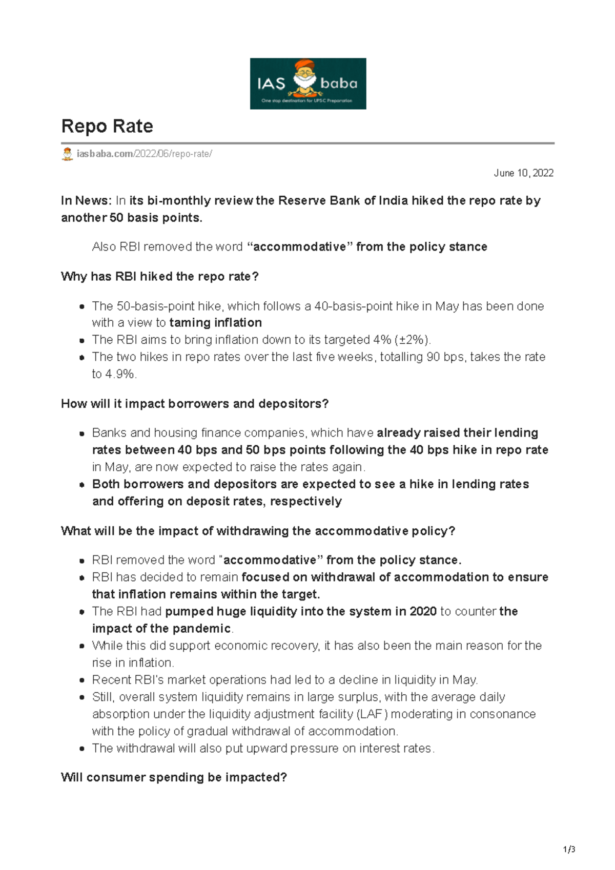 Iasbaba.com-Repo Rate - 1/ June 10, 2022 Repo Rate iasbaba/2022/06/repo ...