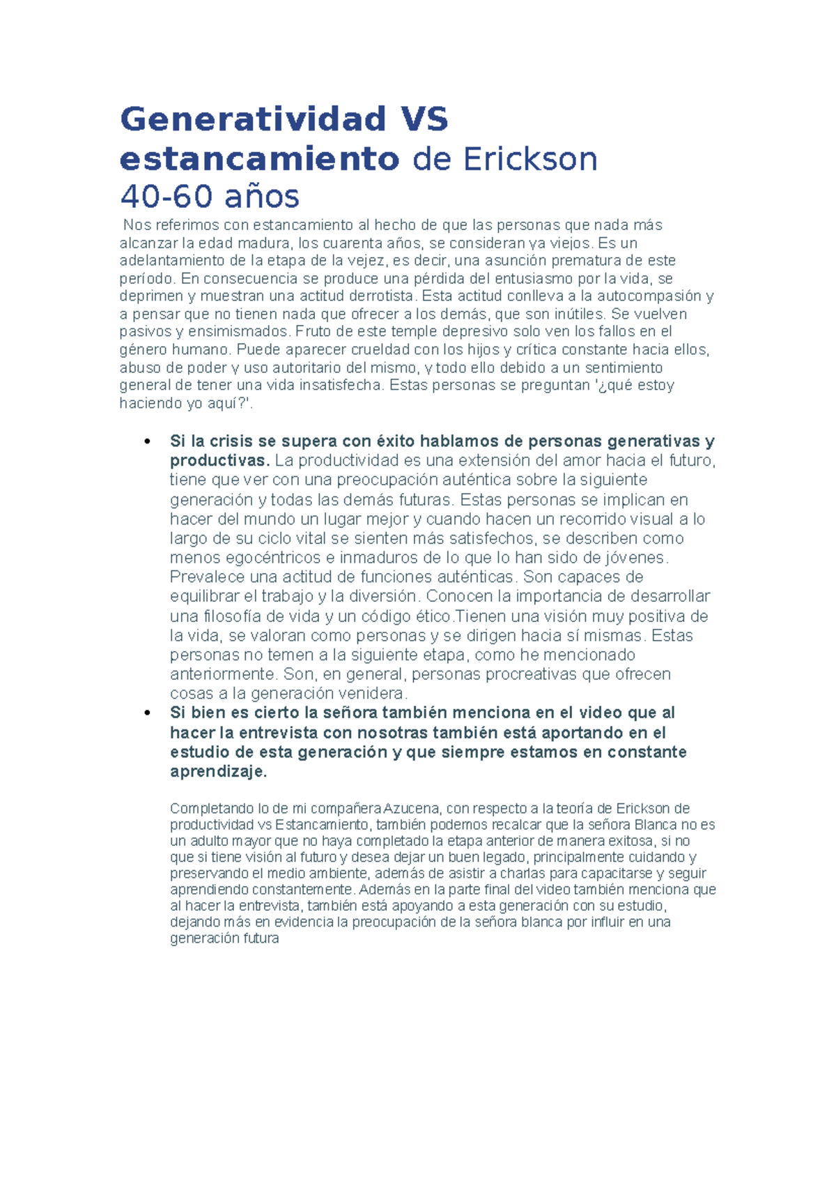 Generatividad VS estancamiento de Erickson - Generatividad VS ...