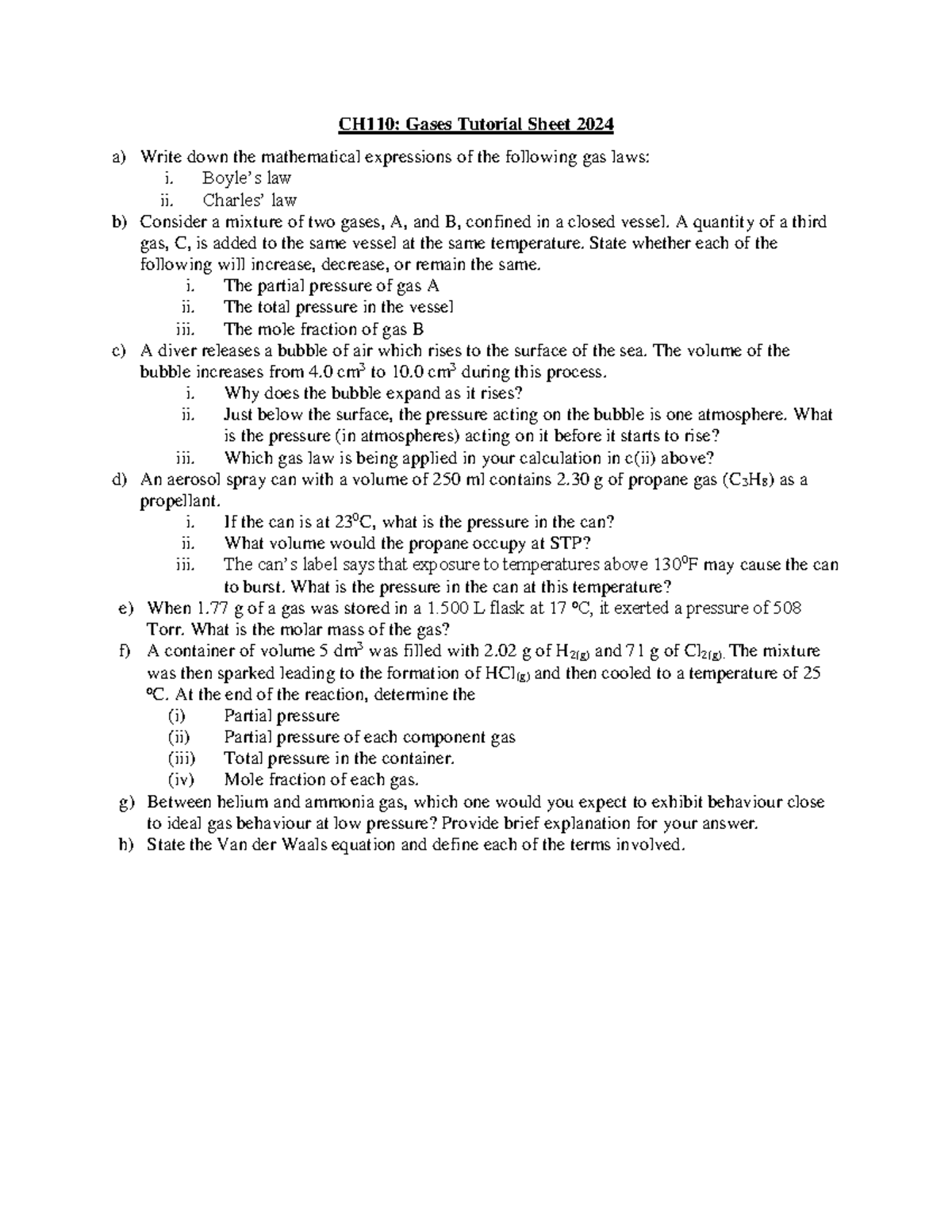 CH110 Gas Tutorial-1 - Mr muma - CH110: Gases Tutorial Sheet 2024 a ...