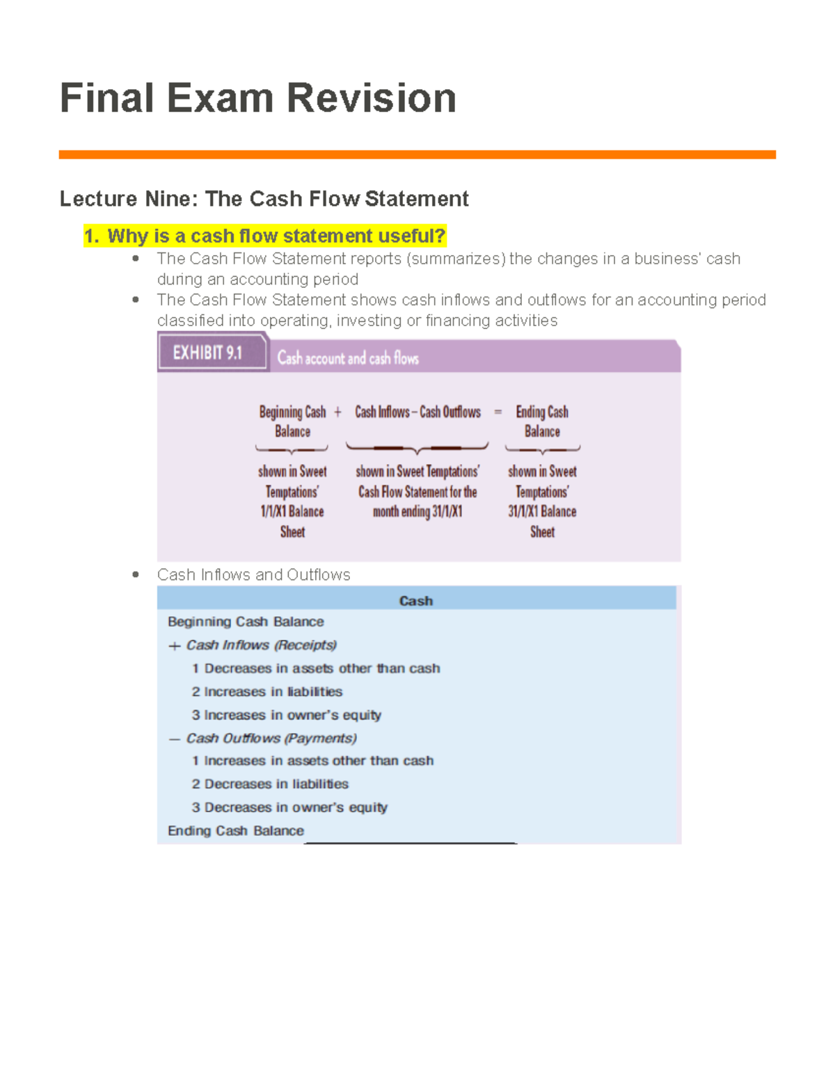 Exam revision ACCT1101 - Final Exam Revision Lecture Nine: The Cash ...