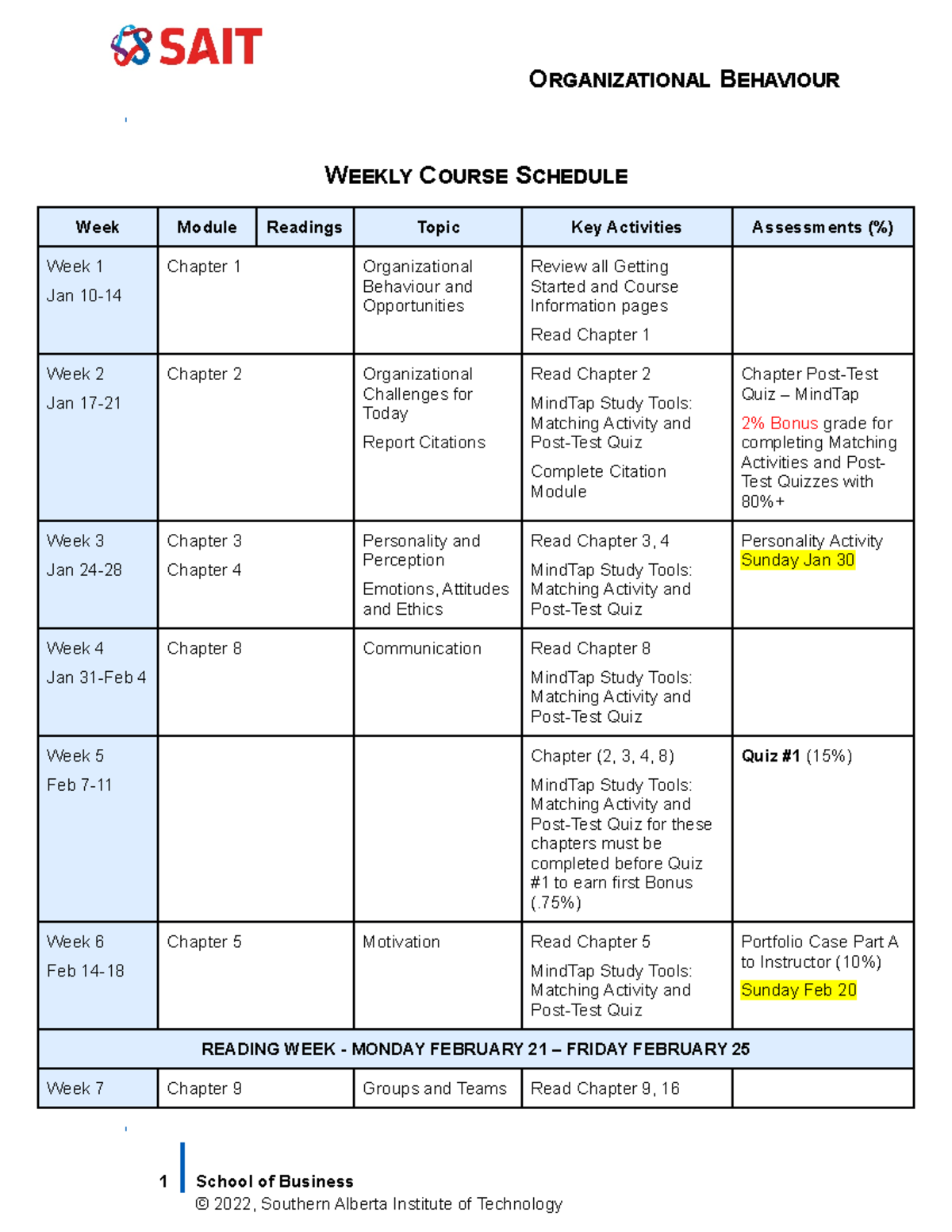 2022 Winter Course Schedule Update - ORGANIZATIONAL BEHAVIOUR WEEKLY ...