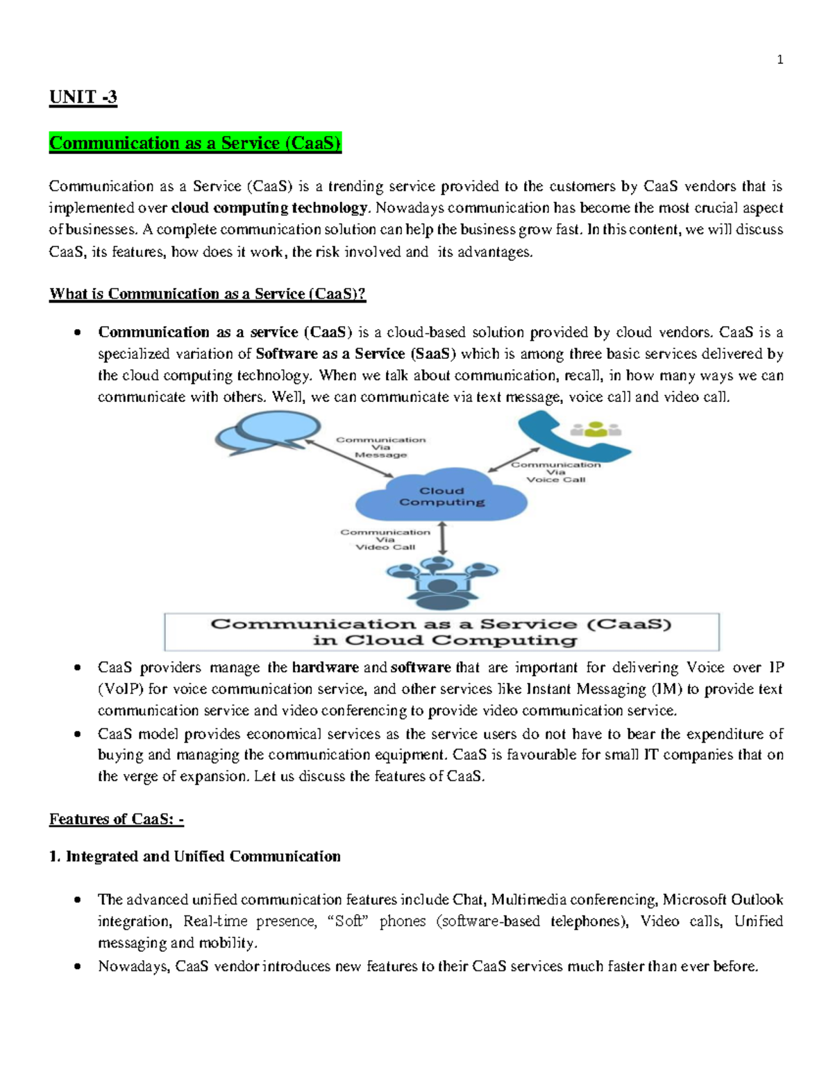 Unit-3 Cloud Computing - UNIT - 3 Communication as a Service (CaaS) Communication as a Service ...