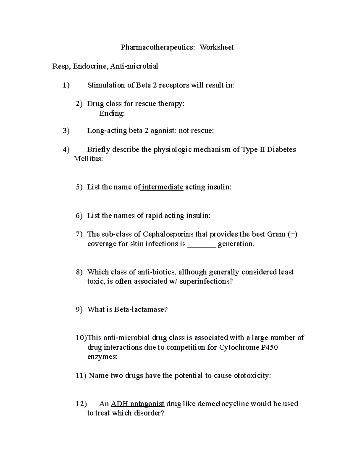 Diabetes, Anti-microbial Review Sheet - Pharmacotherapeutics: Worksheet ...