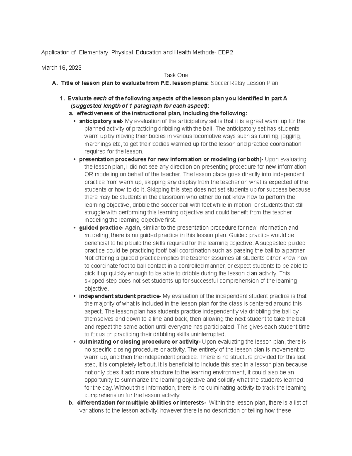 EBP2 Task One PE lesson plan - Application of Elementary Physical ...