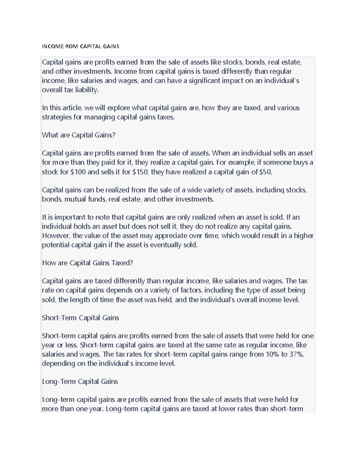 Income FROM Capital Gains - INCOME ROM CAPITAL GAINS Capital gains are ...