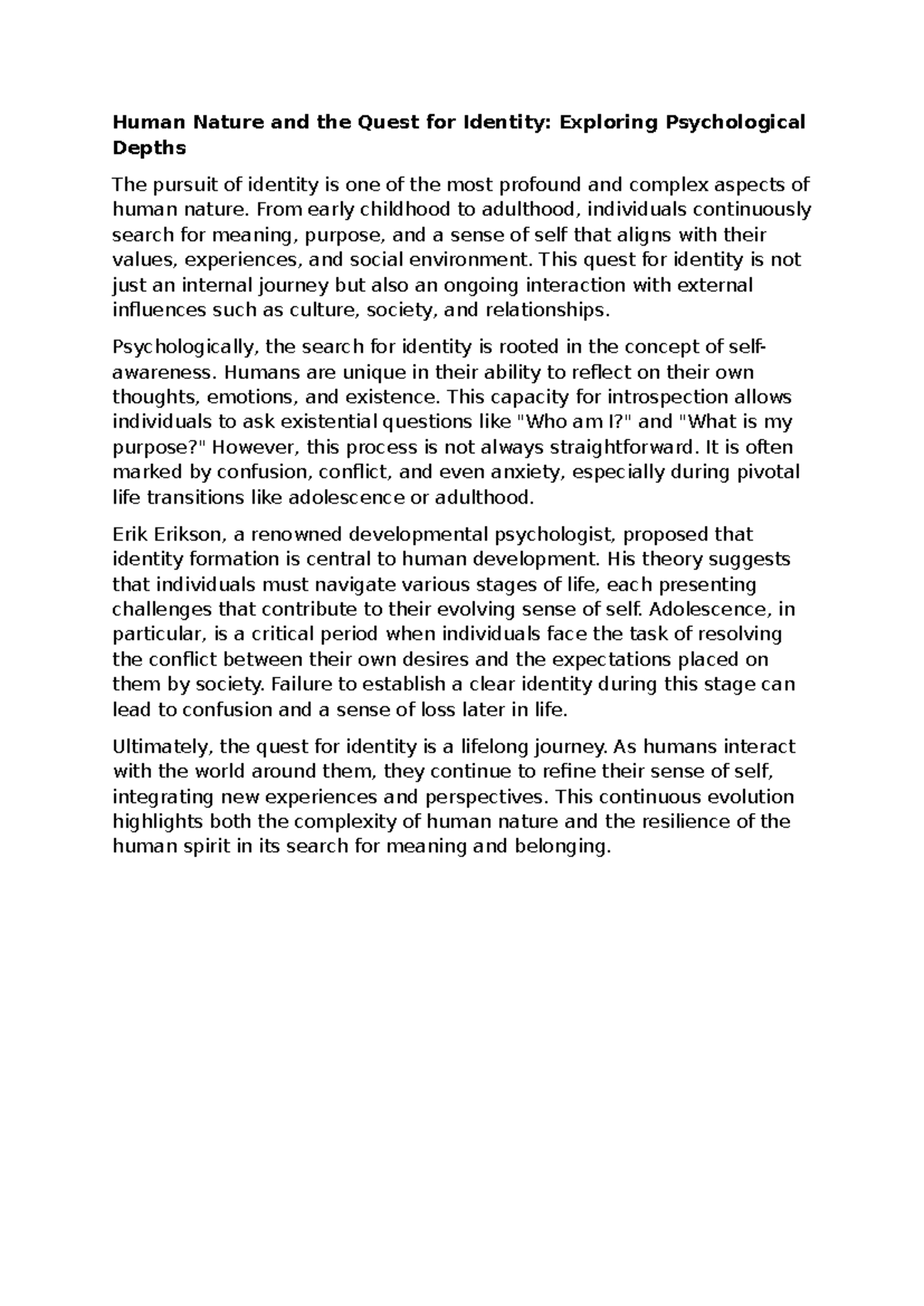 Human Nature and the Quest for Identity Exploring Psychological Depths ...