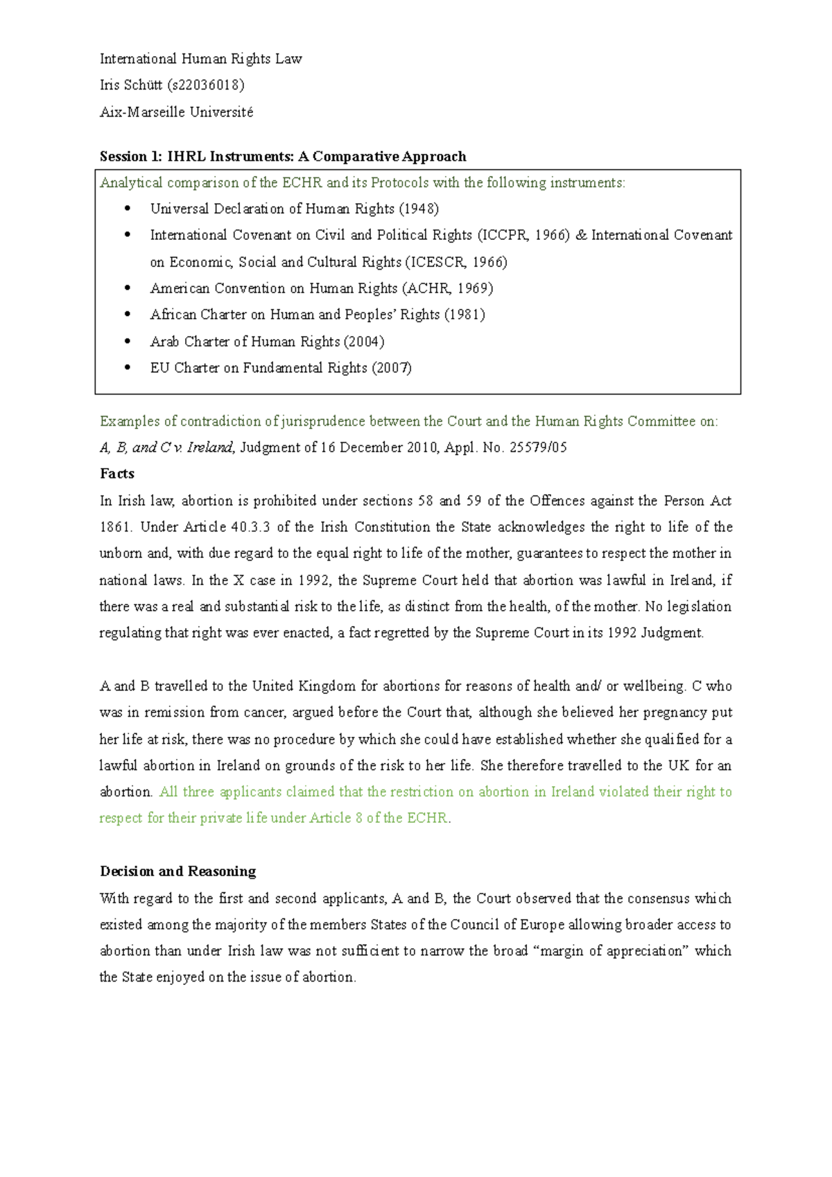 International Human Rights Law - Notes - Iris Schütt (s22036018) Aix ...