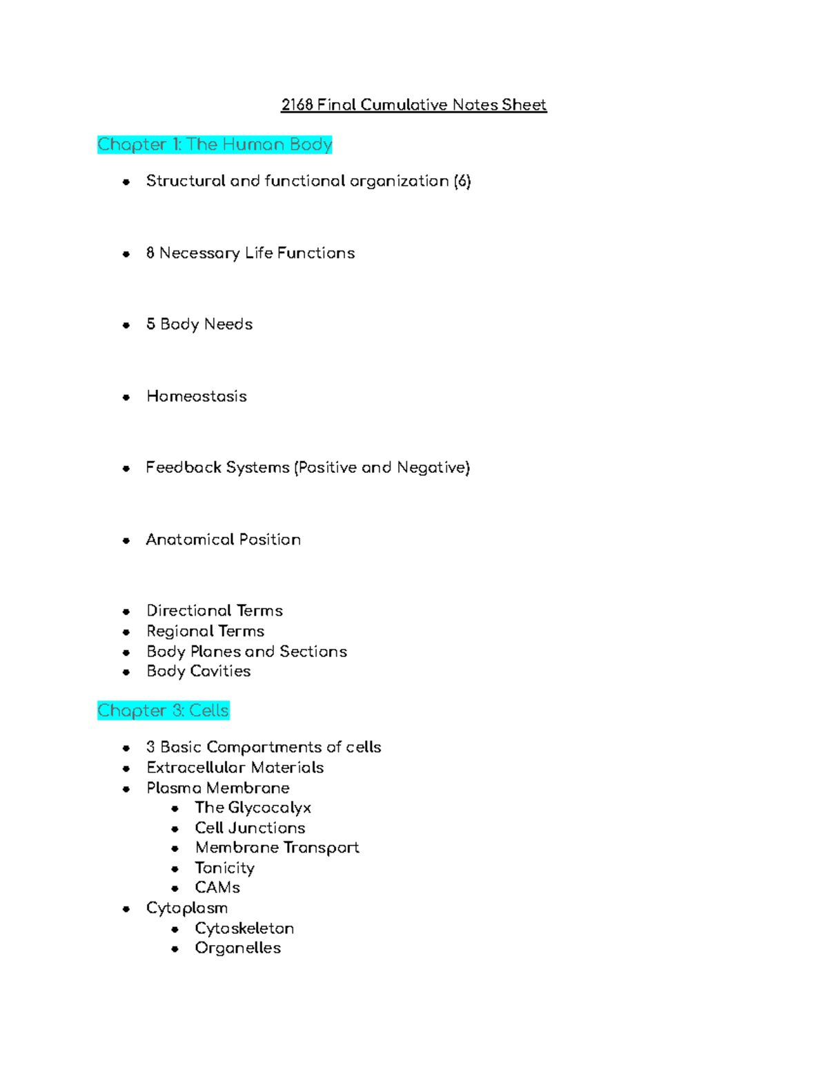 A&P 1 Final Notes - 2168 Final Cumulative Notes Sheet Chapter 1: The ...