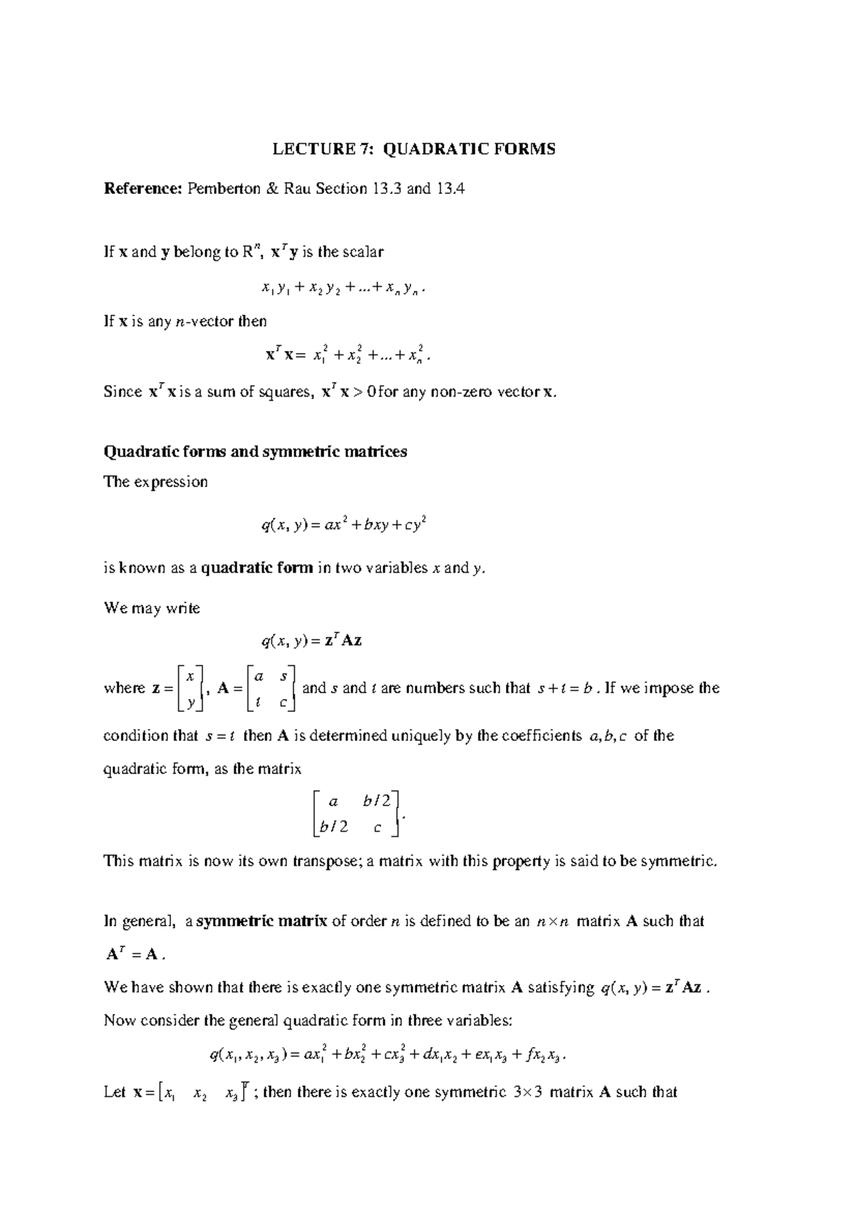 Lect07 - mathematics notes and assignments - LECTURE 7: QUADRATIC FORMS ...