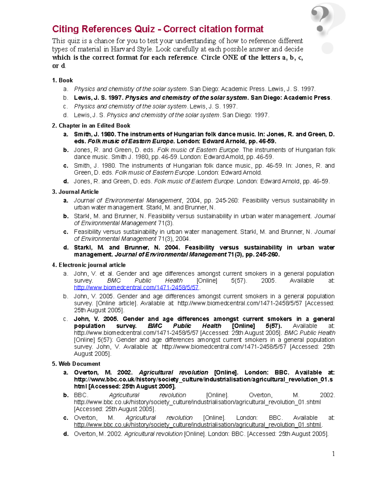 Citing References Quiz - Look carefully at each possible answer and ...