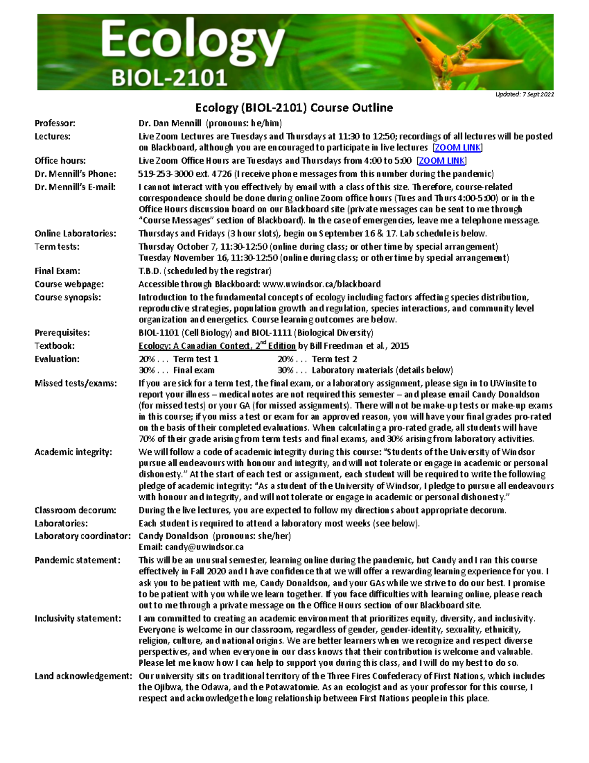 Ecology Course Outline 2021 V3 - Updated: 7 Sept 2021 Ecology (BIOL ...