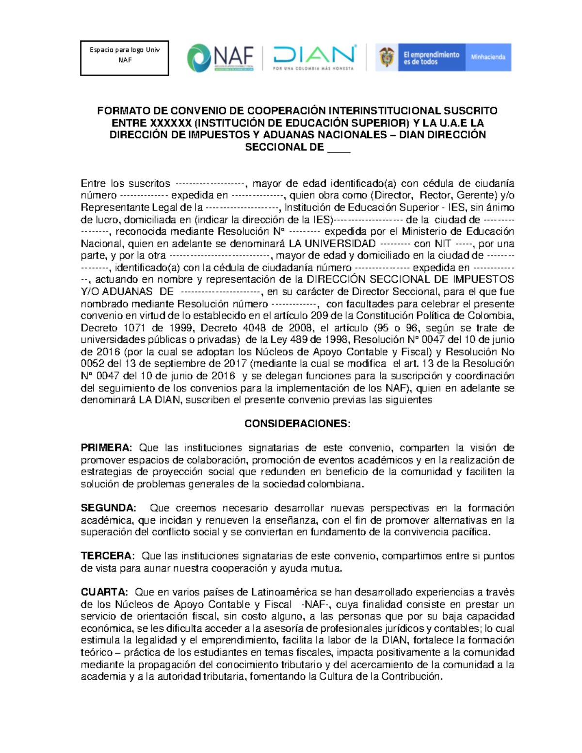 FT-Convenio-NAF - buen trabajo - NAF FORMATO DE CONVENIO DE COOPERACIÓN INTERINSTITUCIONAL ...