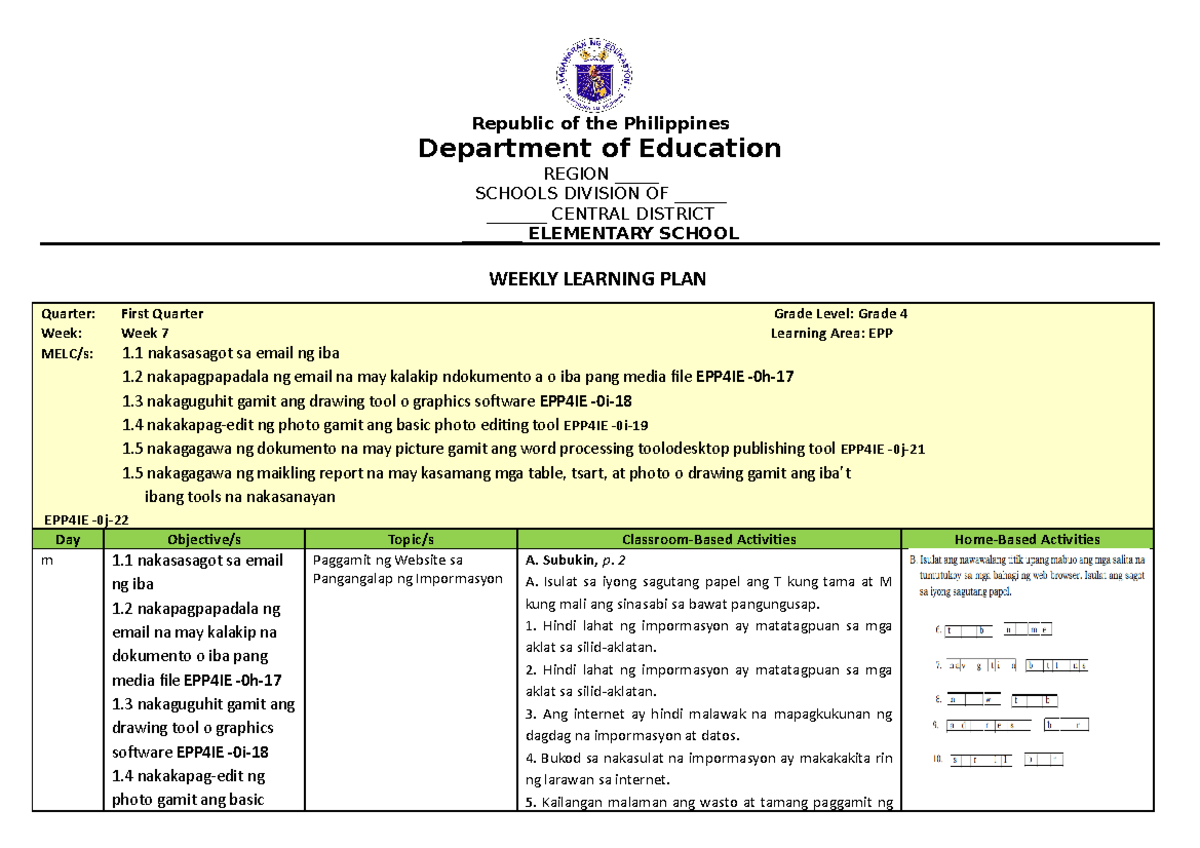 WLP EPP W7 - WLP - Republic of the Philippines Department of Education REGION _____ SCHOOLS ...