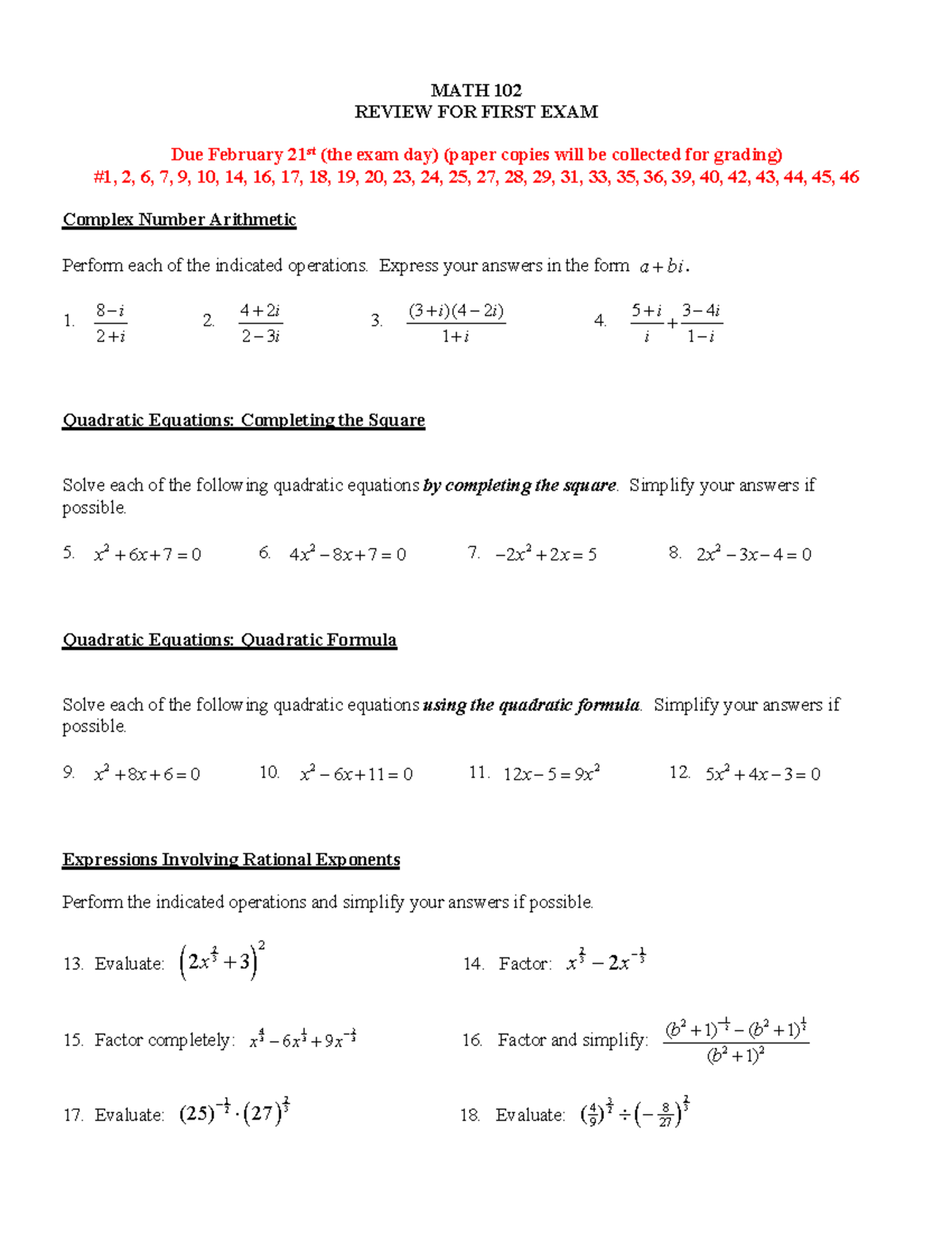 Chapter 1 Extra Review-1 - MATH 102 REVIEW FOR FIRST EXAM Due February ...