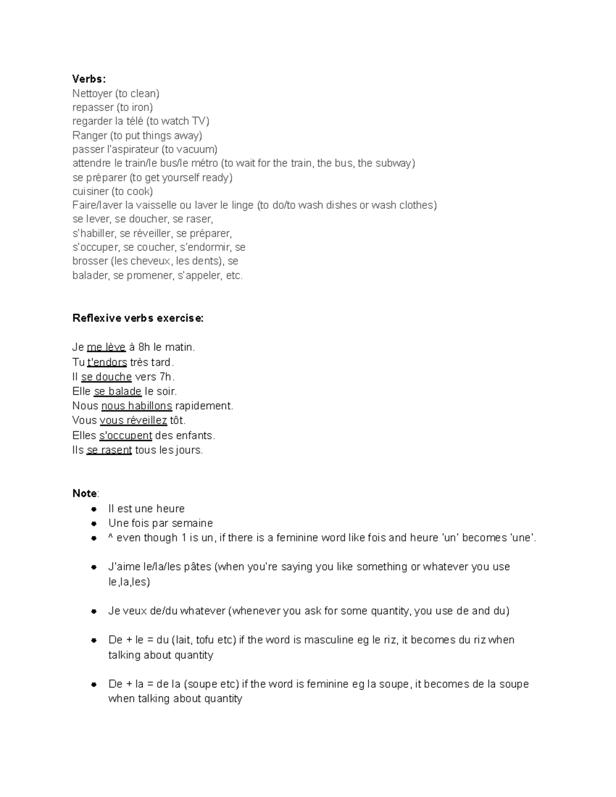 French 102 notes - Verbs: Nettoyer (to clean) repasser (to iron ...