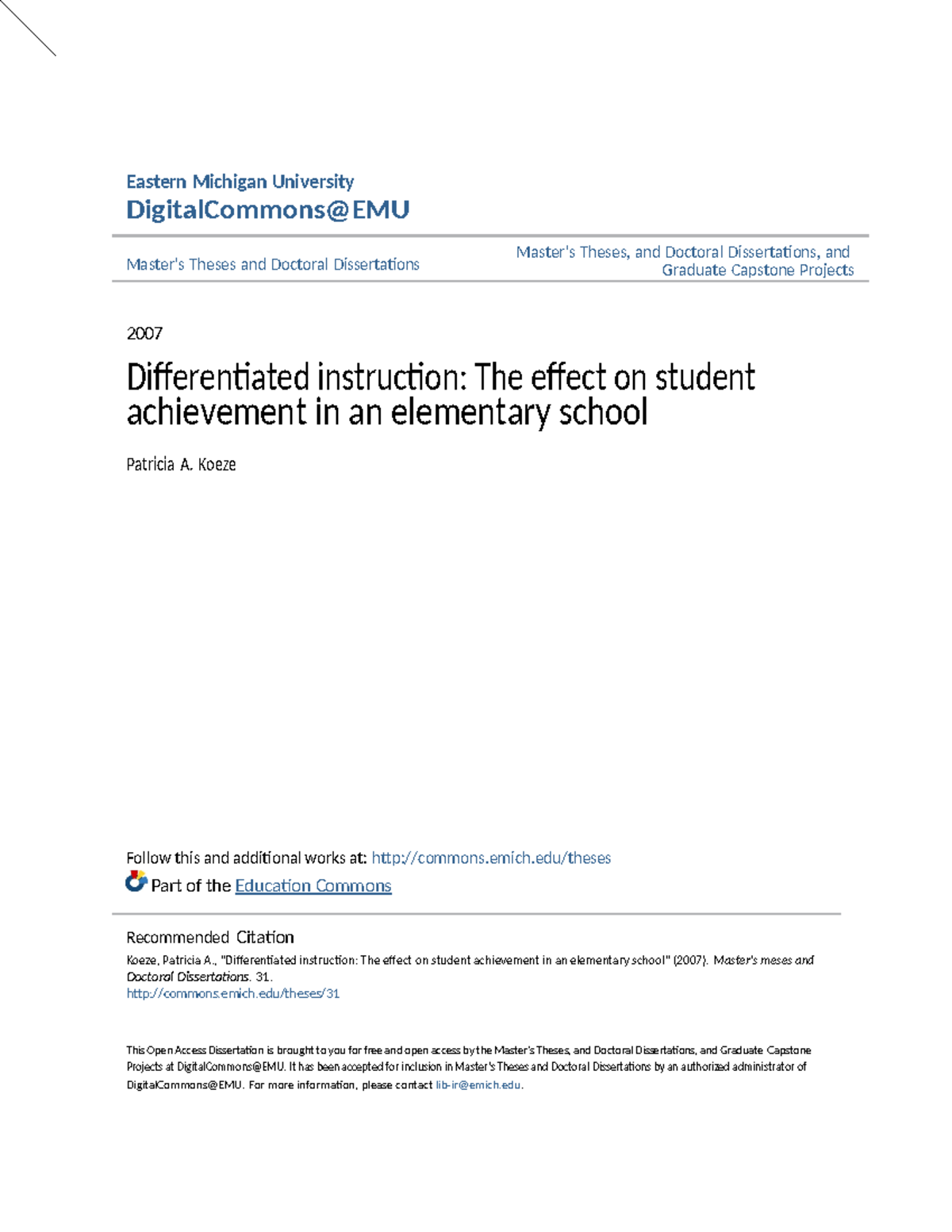 Differentiated instruction The effect on student achievement in - Eastern Michigan University ...