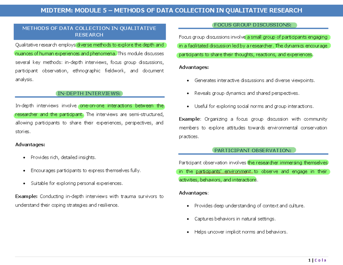 M5 Field Methods-Midterm - METHODS OF DATA COLLECTION IN QUALITATIV E ...