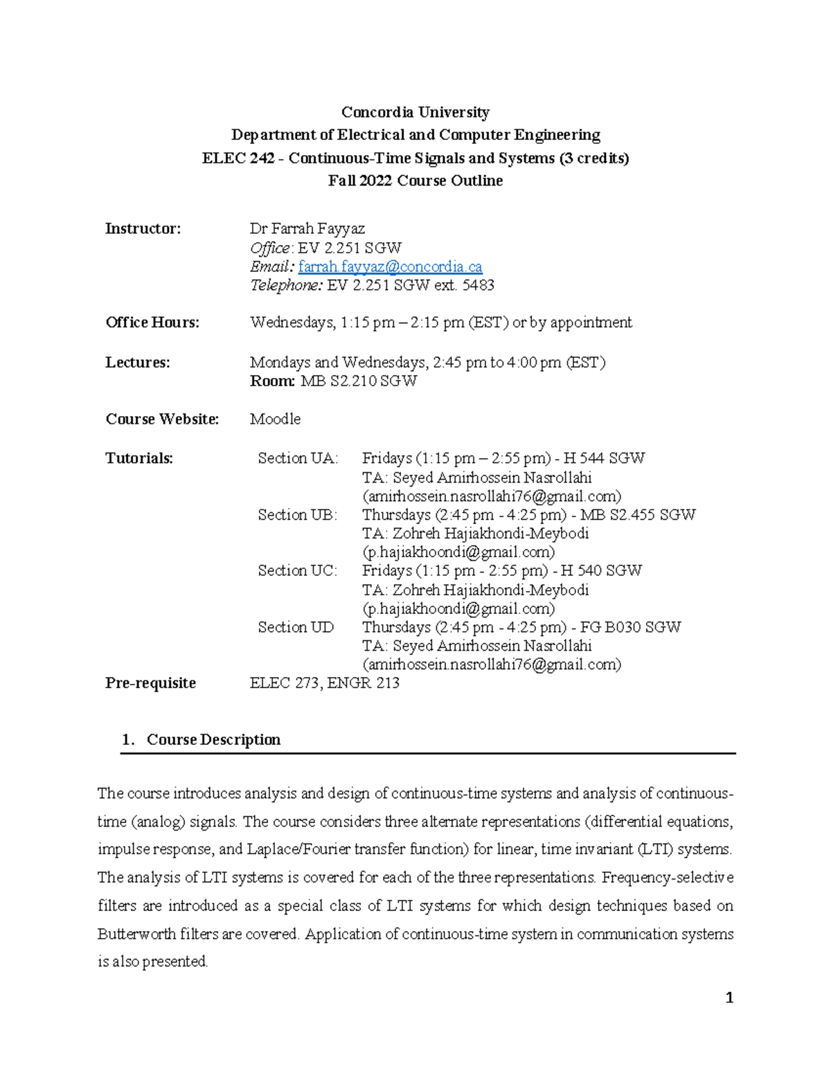 Course Outline - Concordia University Department of Electrical and ...