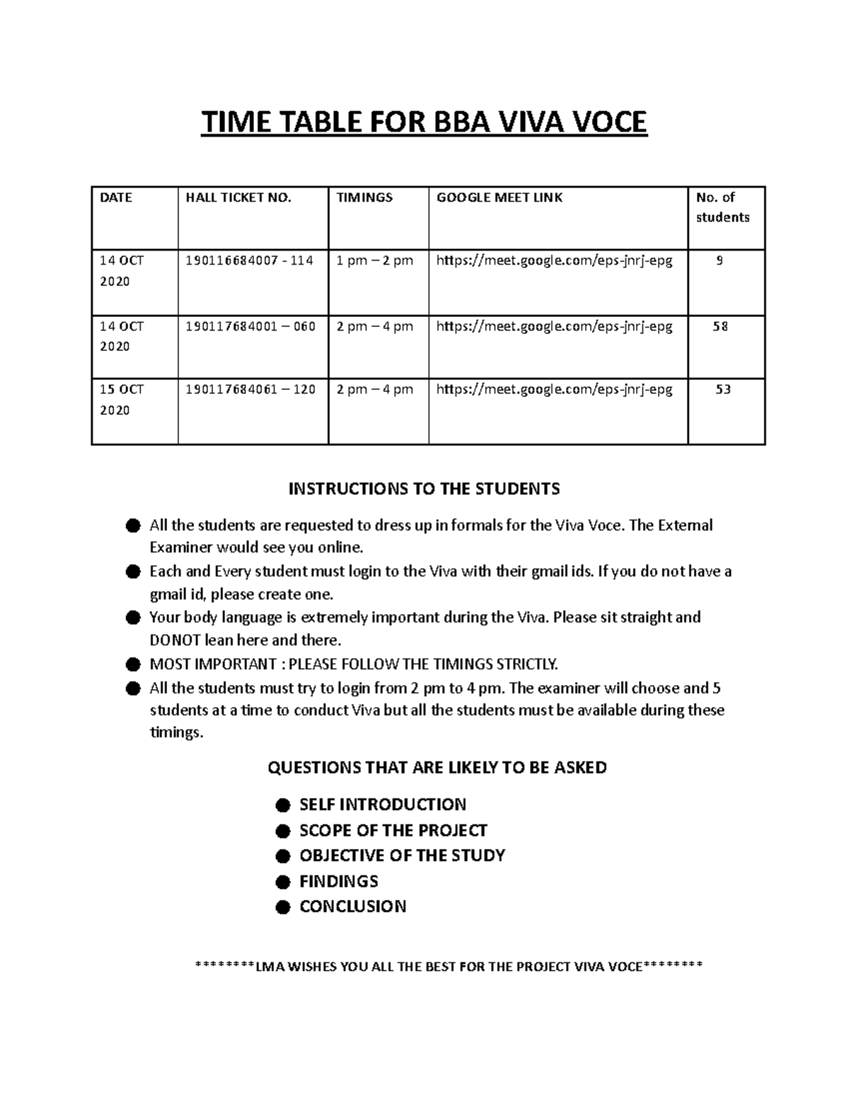 TIME TABLE FOR VIVA VOCE - TIME TABLE FOR BBA VIVA VOCE DATE HALL ...