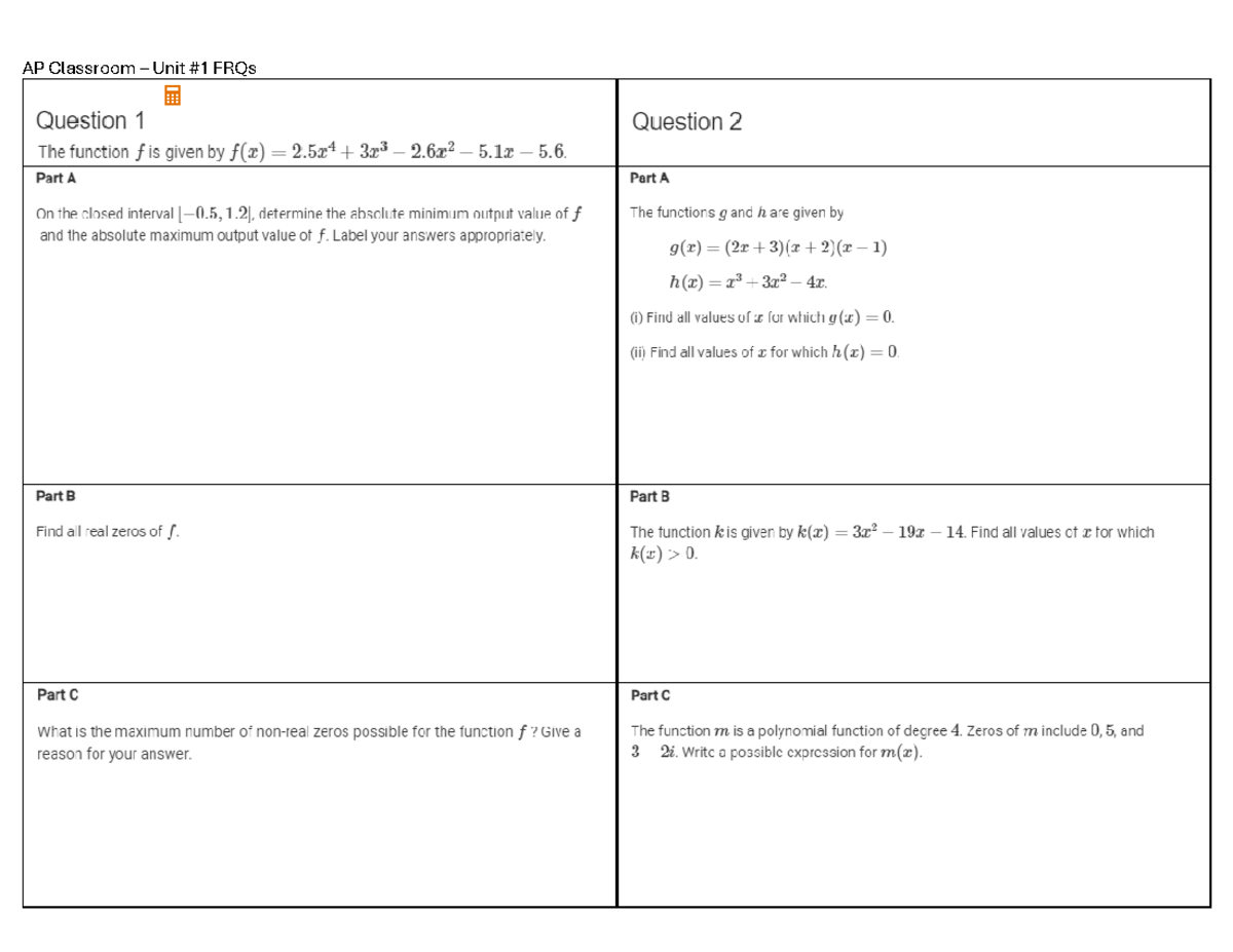 Review #2 - AP Classroom Unit 1 FRQs - AP Classroom Unit FRQs Question ...