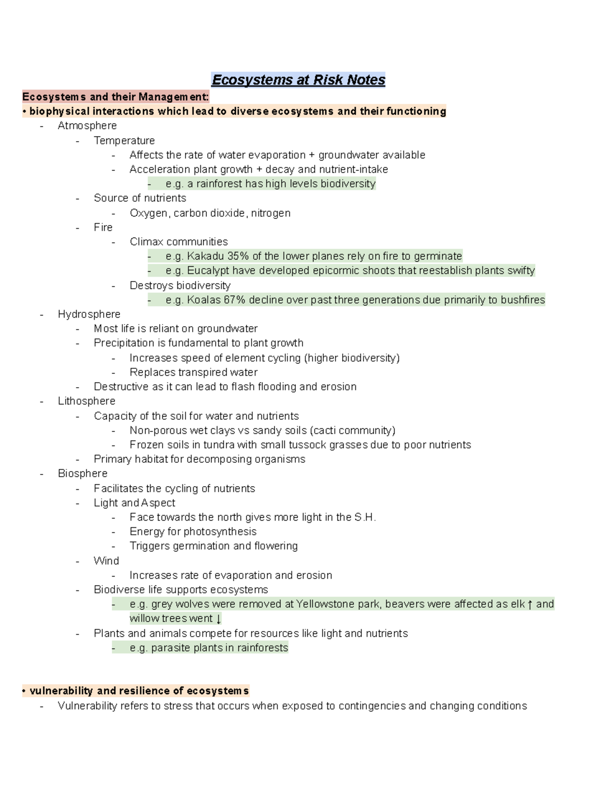 HSC Geography Ecosystems at Risk Notes - Ecosystems at Risk Notes ...