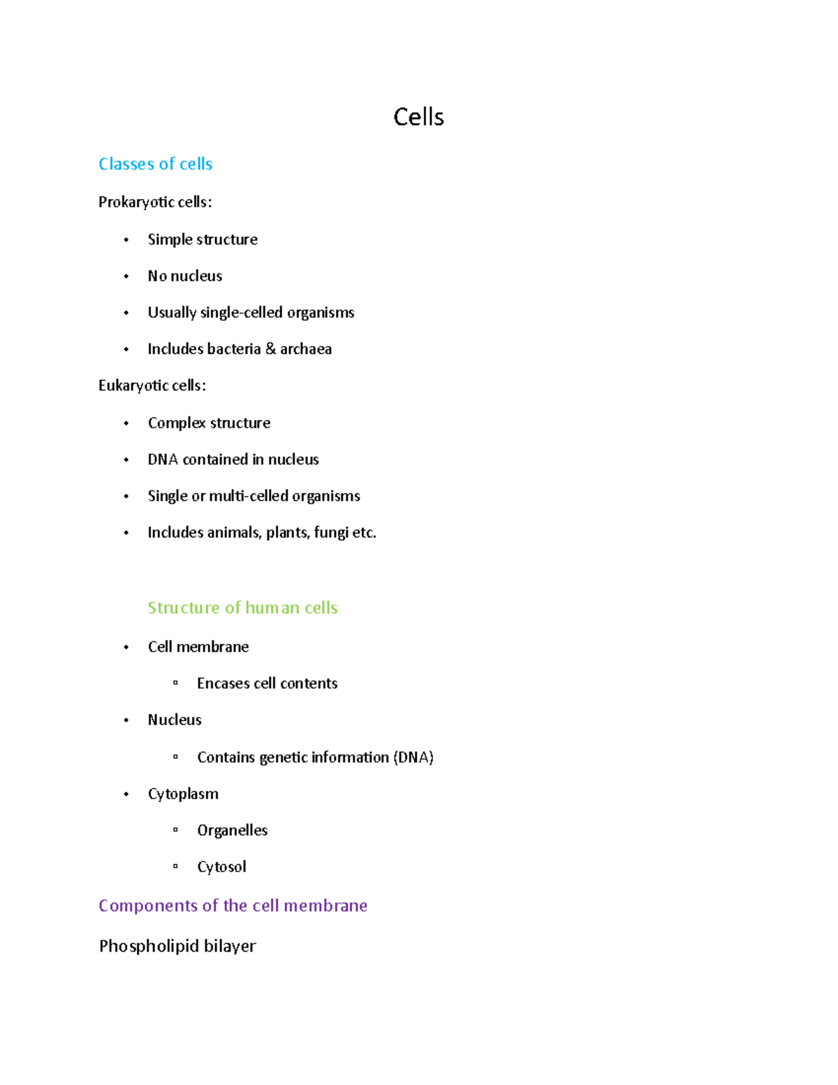 Cells - General cell knowledge - Cells Classes of cells Prokaryotic ...