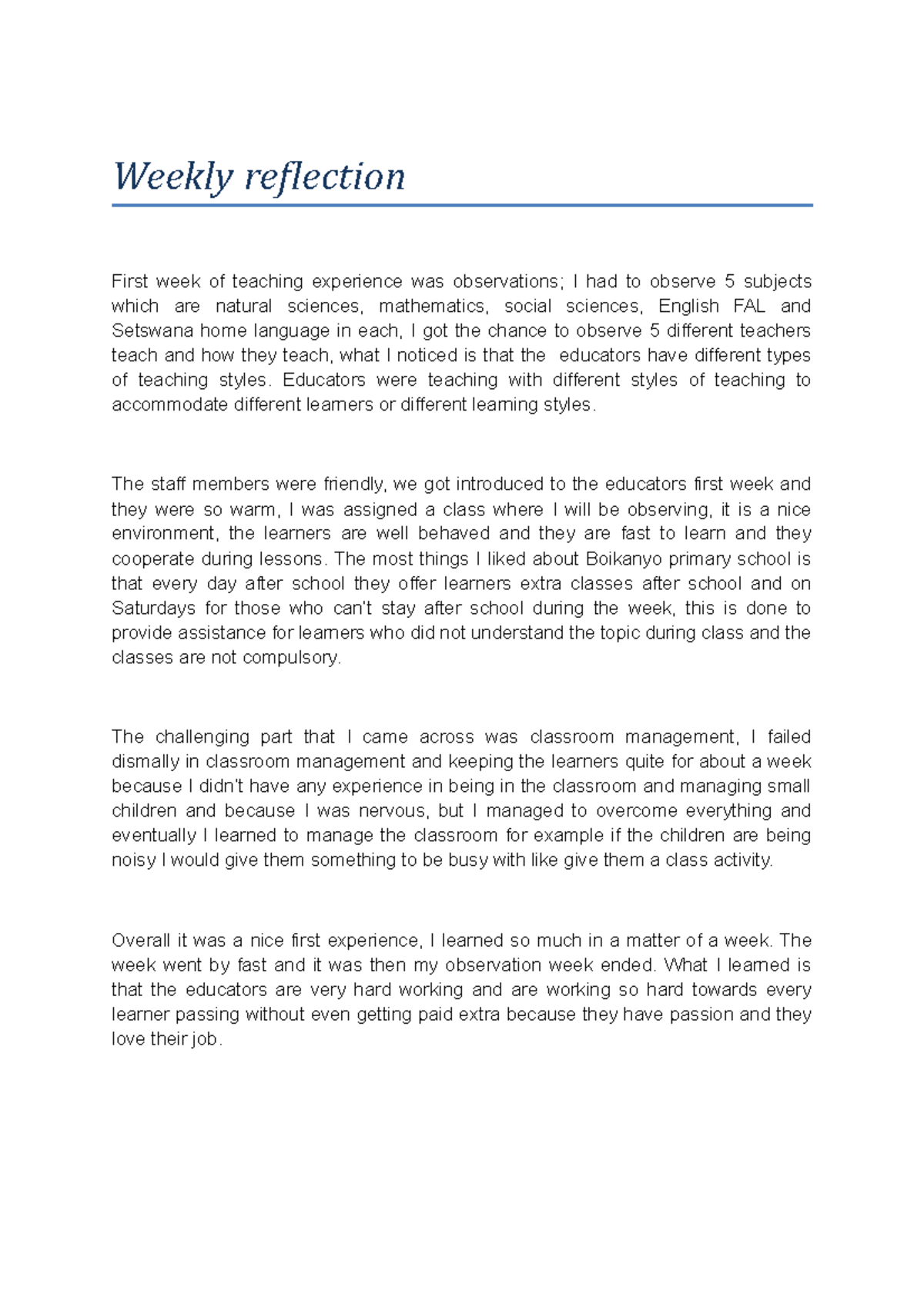 Weekly reflection - - Studocu