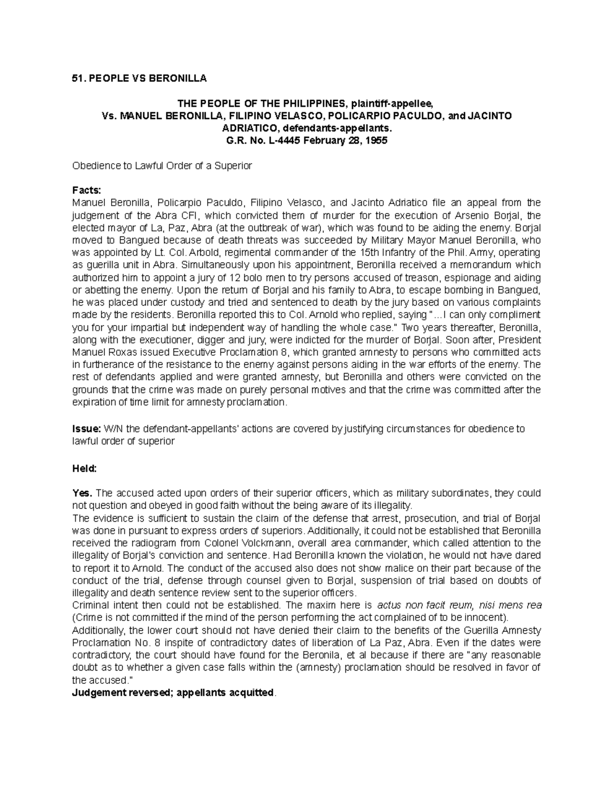 CASE Digest - Criminal Law 1 - 51. PEOPLE VS BERONILLA THE PEOPLE OF ...