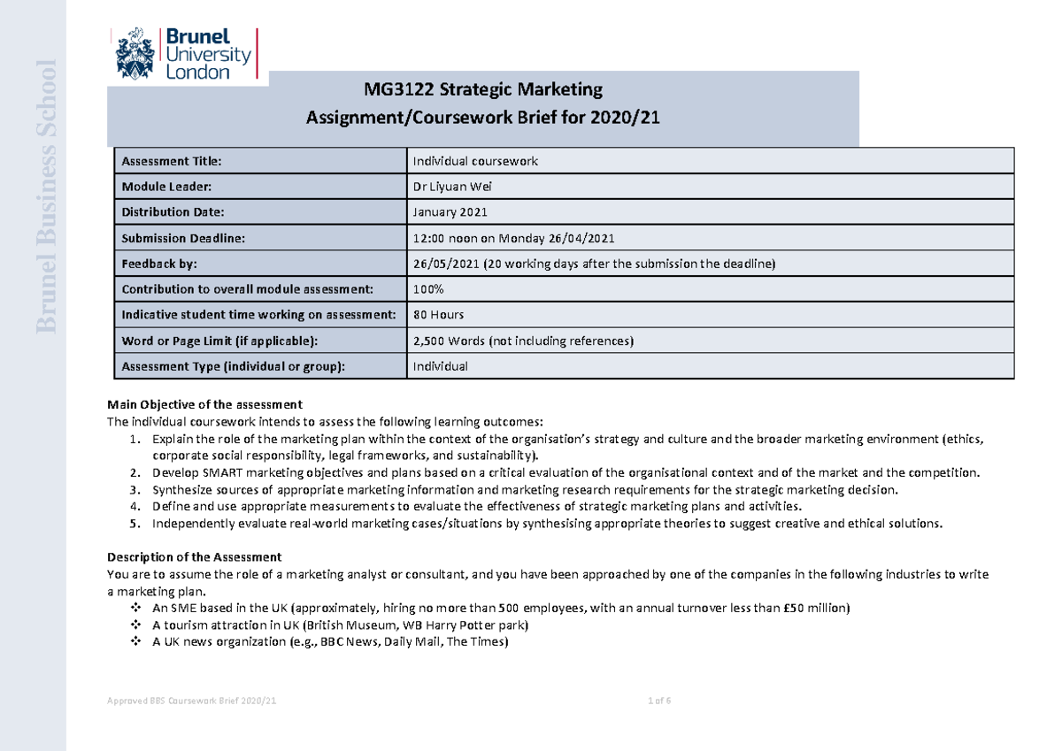 MG3122 Coursework Brief 2020 - Brunel Business School Assessment Title ...
