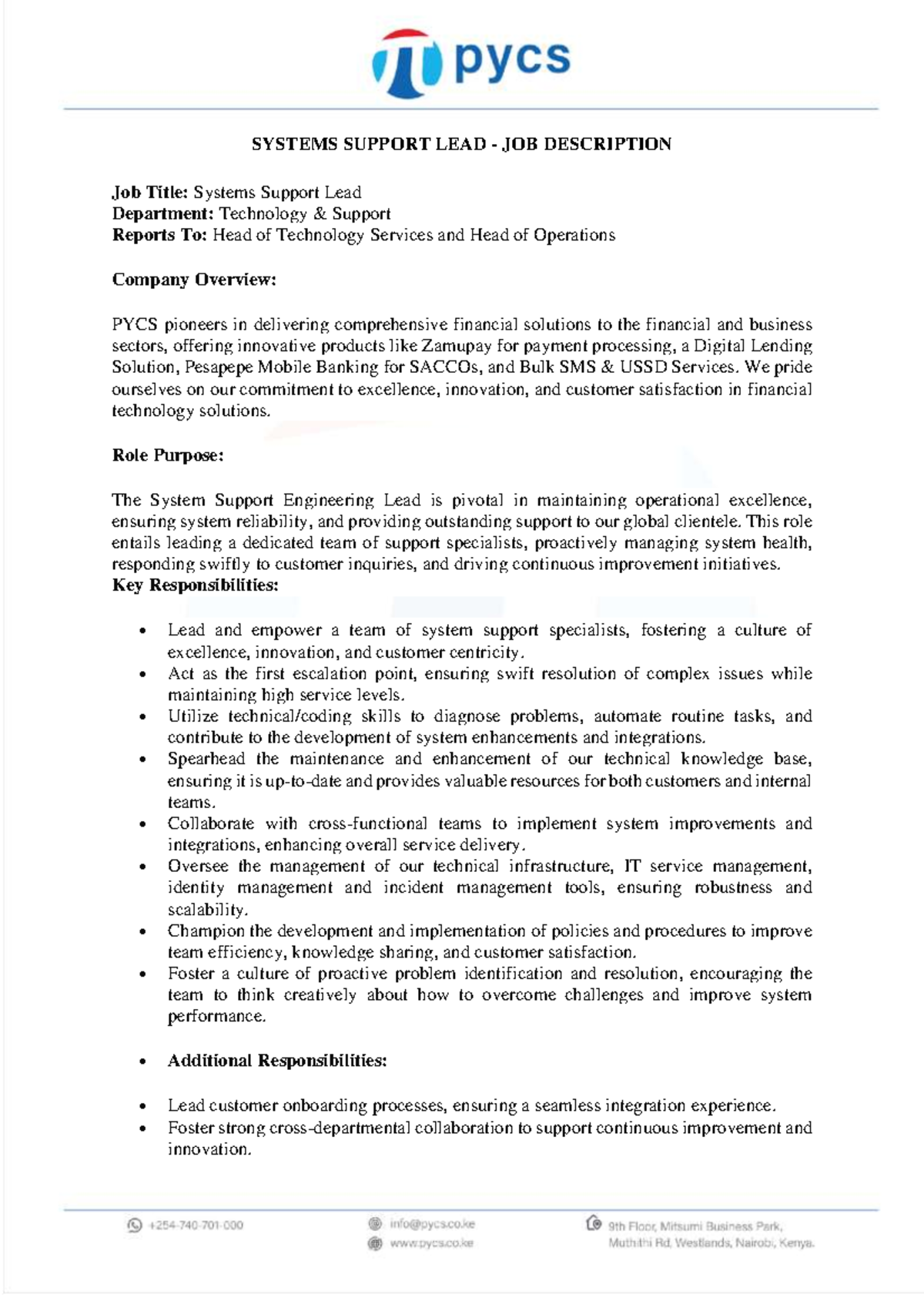 System Support Lead - SYSTEMS SUPPORT LEAD - JOB DESCRIPTION Job Title ...