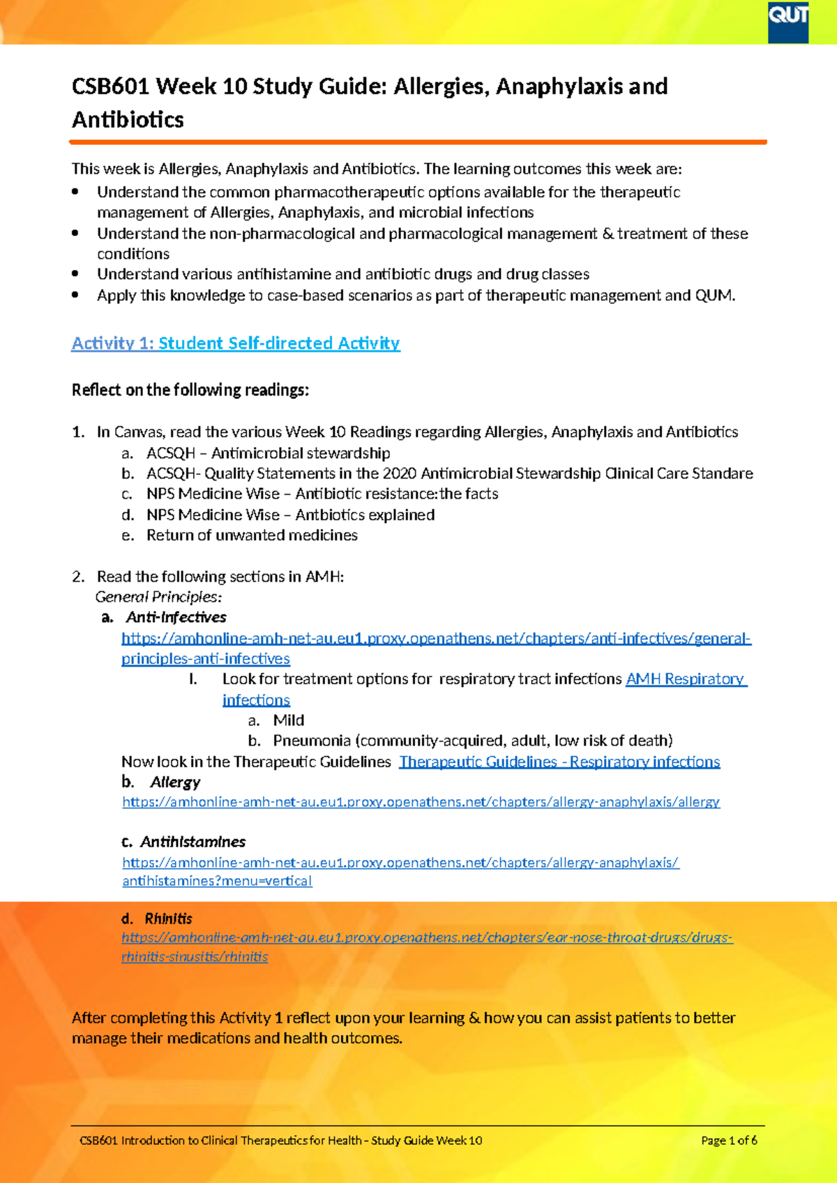 CSB601 Week 10 Study Guide Allergy Anaphylaxis Antibiotics 2024s2 BKC-SV - CSB601 Week 10 Study ...