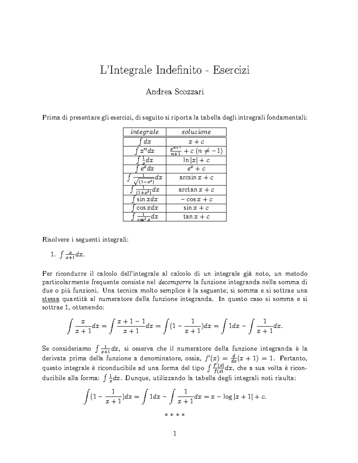 Integrale indefinito esercizi 1 - L’Integrale Indefinito - Esercizi ...