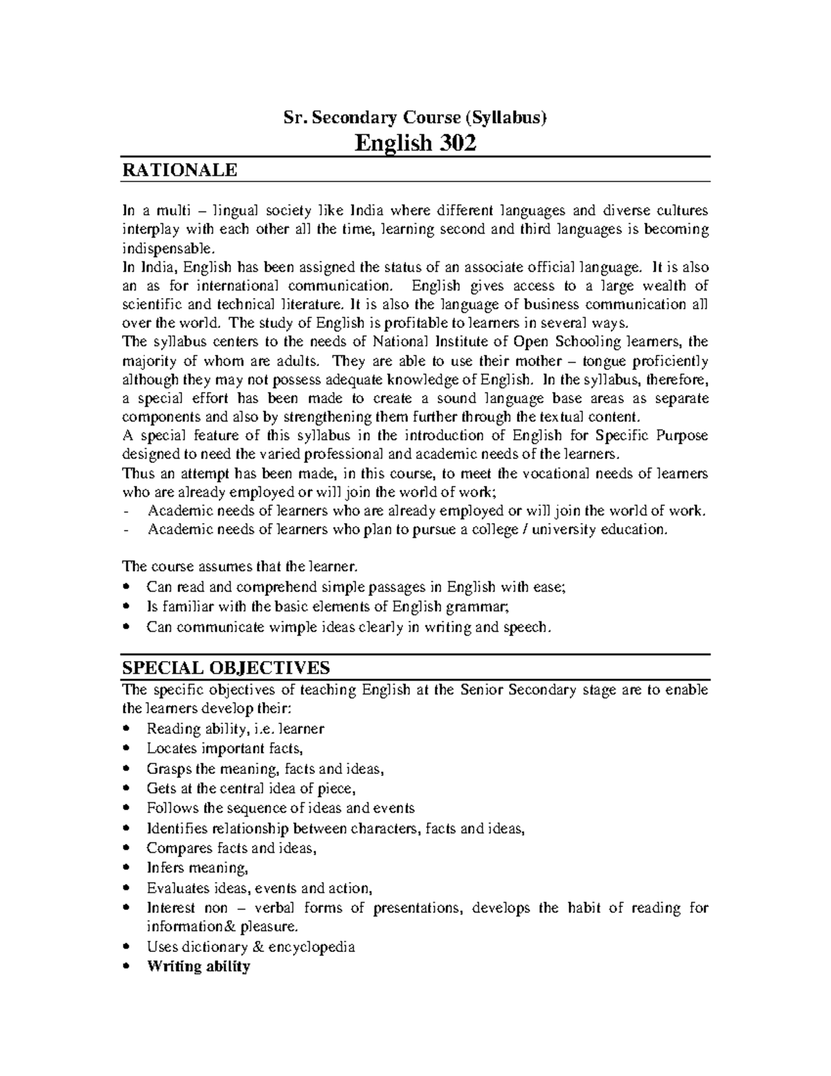 NIOS 12th English syllabus - Sr. Secondary Course (Syllabus) English ...