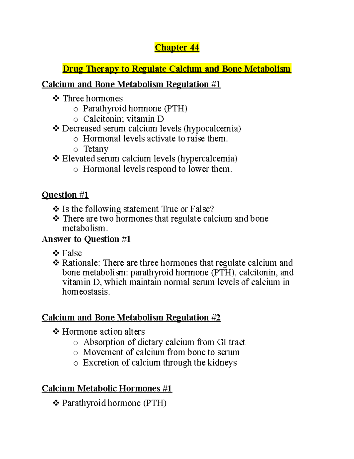 Pharm notes chapter 44 - Chapter 44 Drug Therapy to Regulate Calcium ...