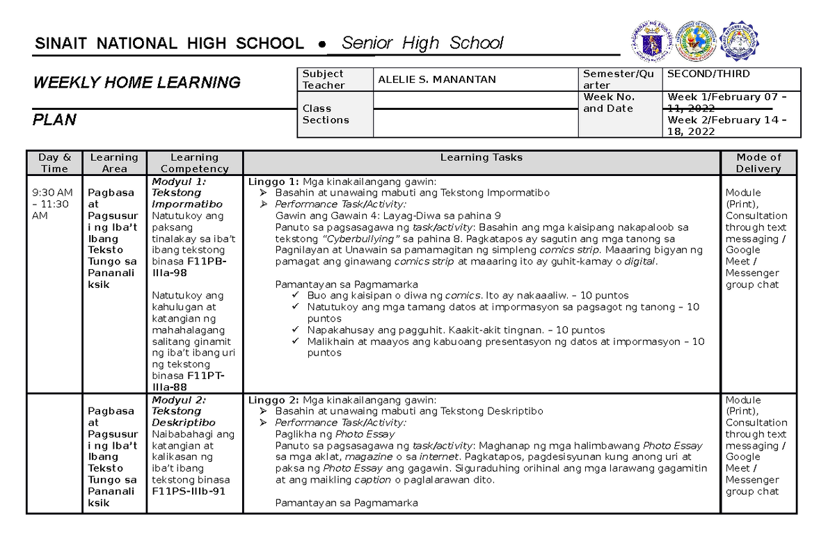 3 Pagbasa at Pagsusuri Feb 7 18 - SINAIT NATIONAL HIGH SCHOOL Senior ...