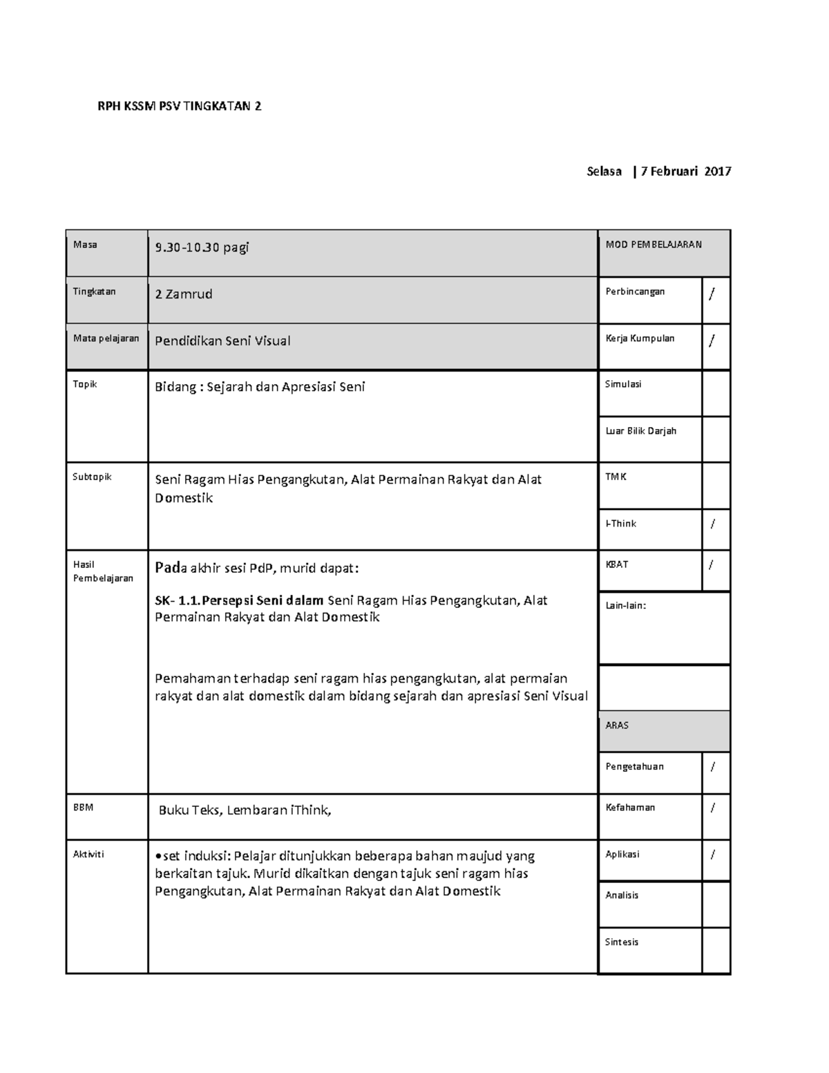 Pdfcoffee - RPH - RPH KSSM PSV TINGKATAN 2 Selasa | 7 Februari 2017 Masa 9.30-10 pagi MOD - Studocu