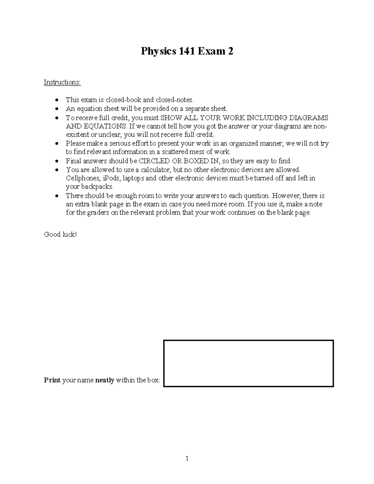 Microsoft Word - Exam 2 complete - Physics 1 41 Exam 2 Instructions ...
