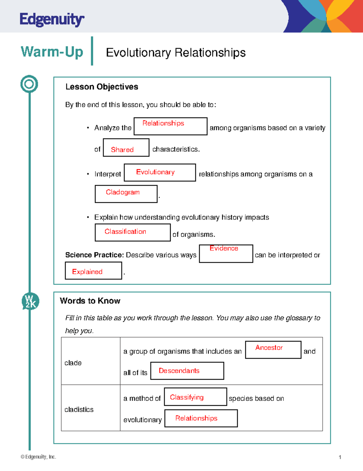 Evolutionary Relationships - • Interpret relationships among organisms ...