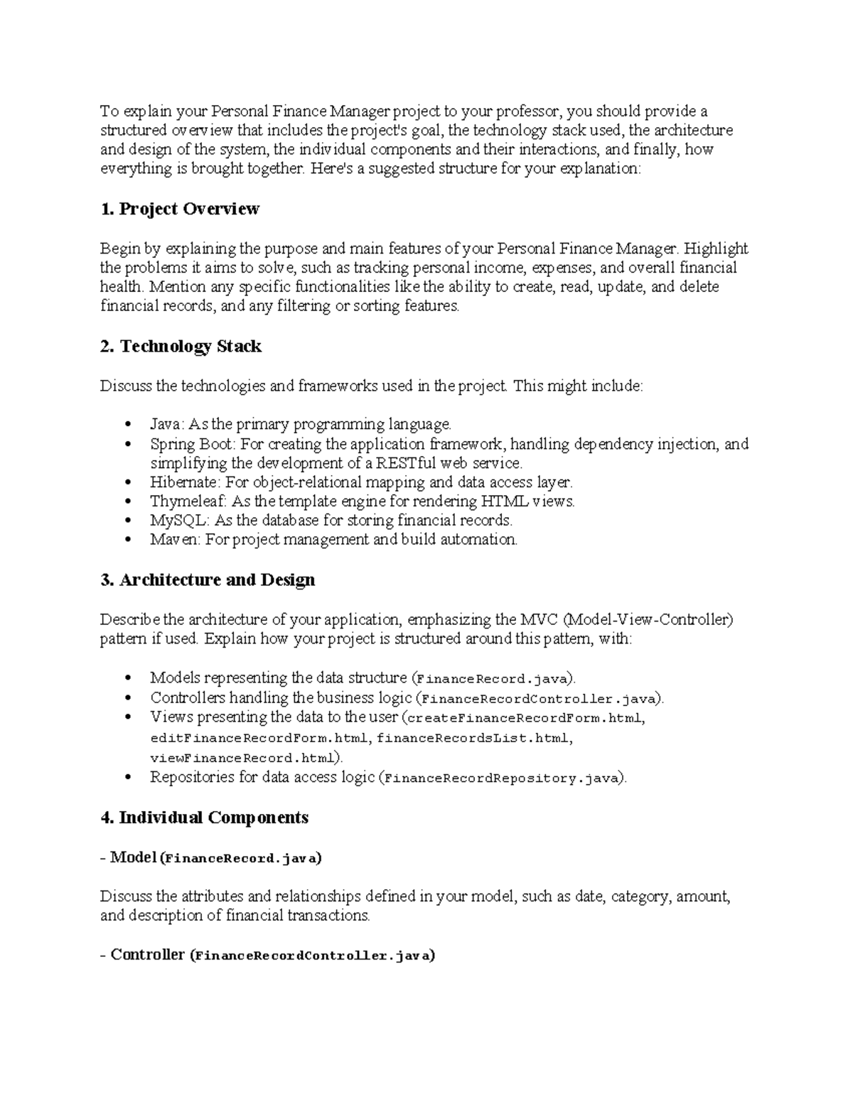 To explain your Personal Finance Manager project to your professor ...