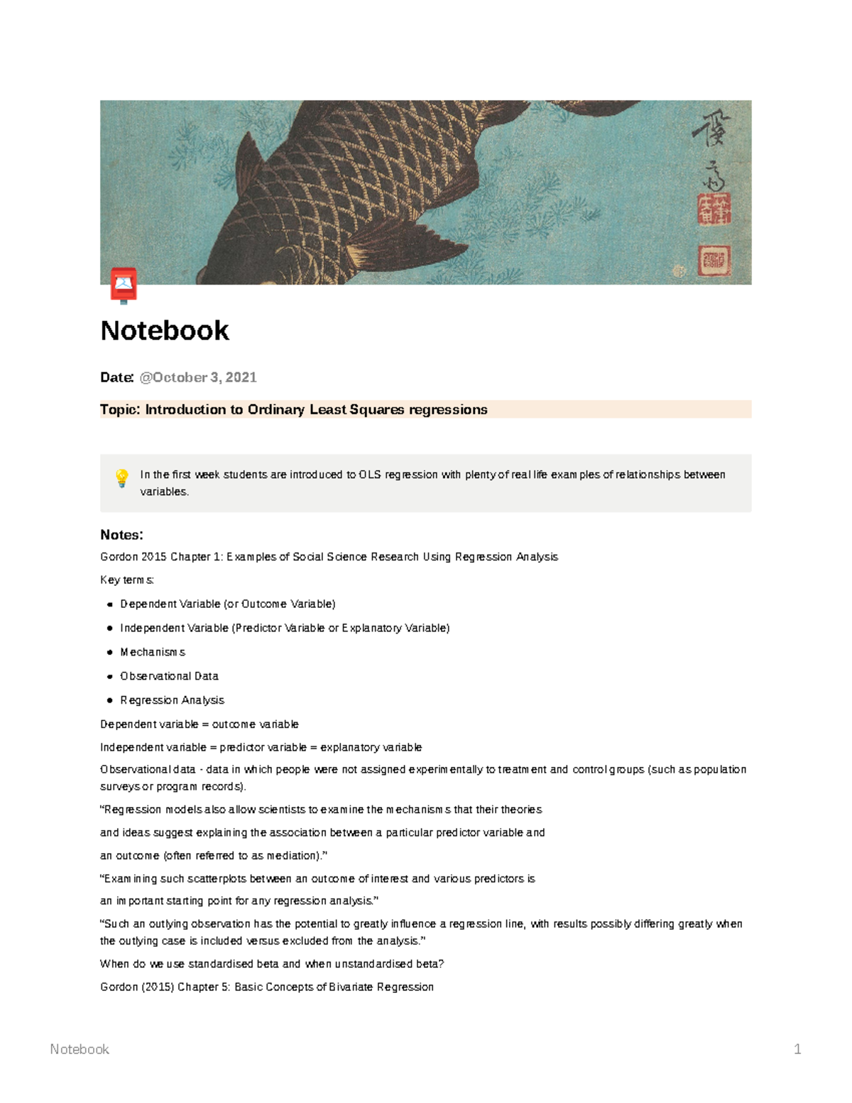 Notebook AK - Notes from Introduction to Regression Analysis - Ü Notebook Date: Topic ...