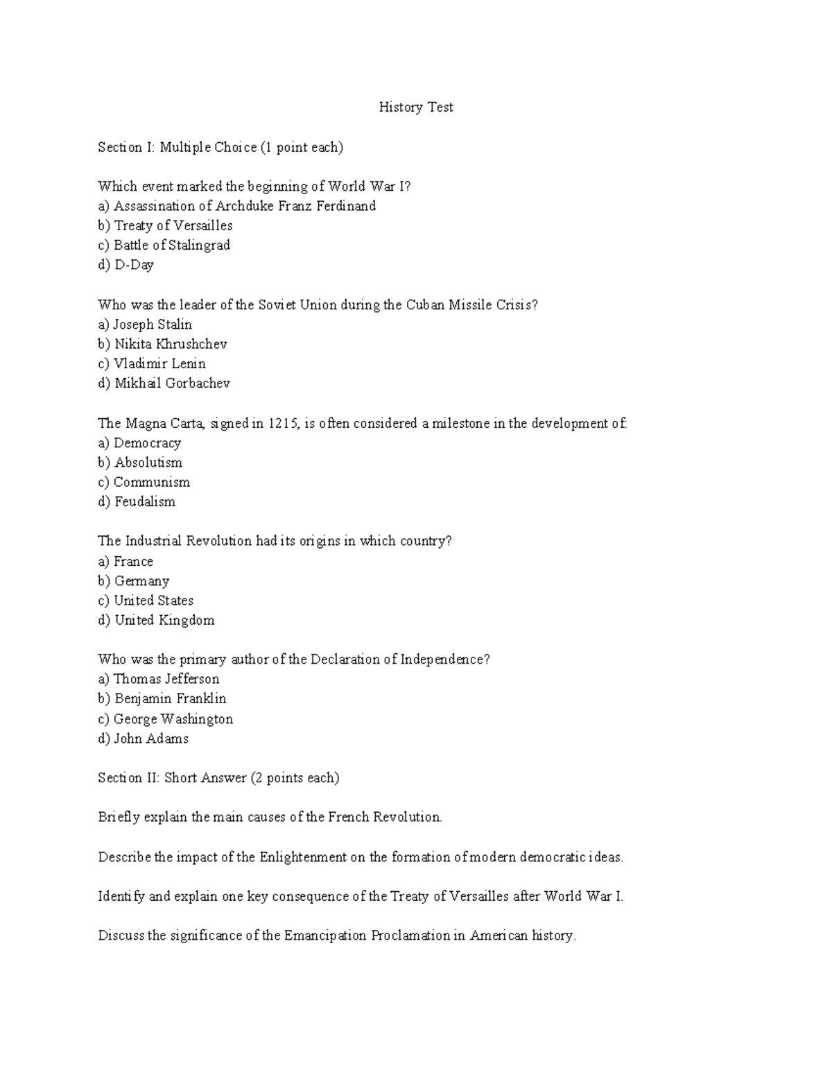 History Test101 - History Test Section I: Multiple Choice (1 point each ...